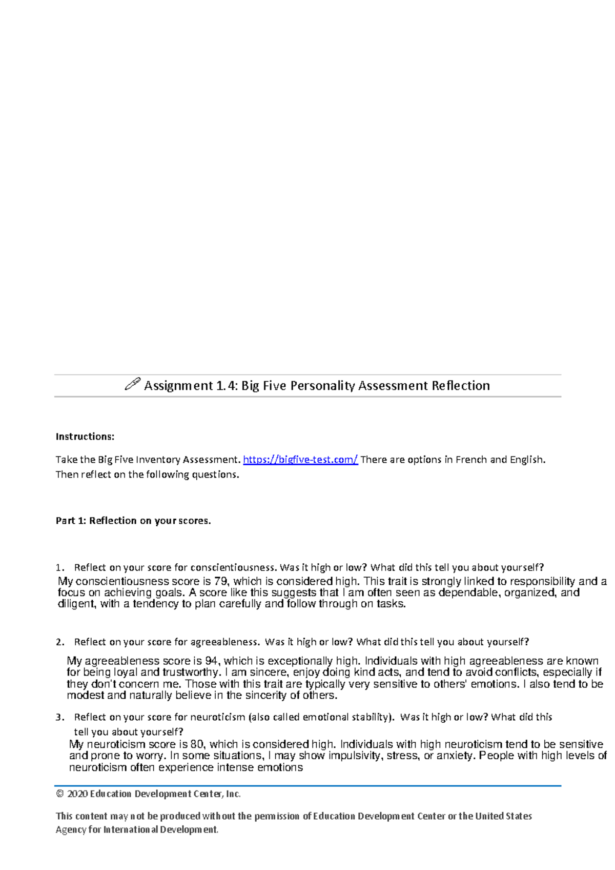 PSY 101: Big Five Personality Assessment Reflection Assignment - Studocu