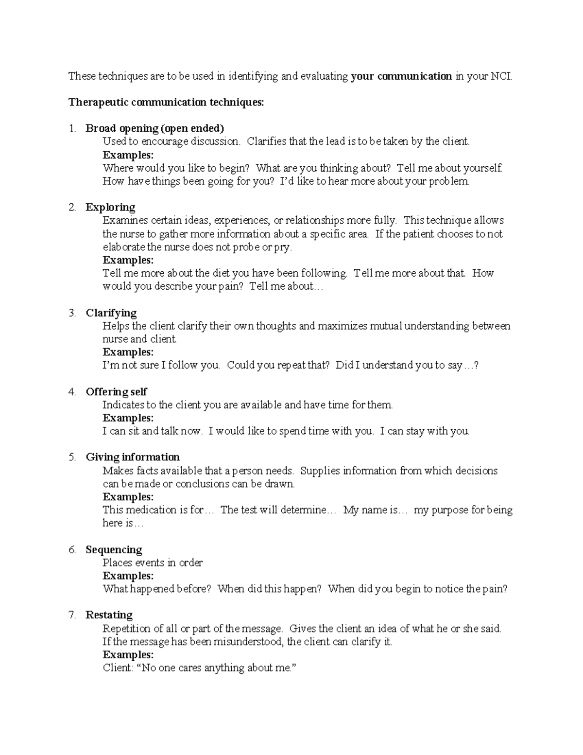 NUR 101: Therapeutic Communication Techniques in Nursing Practice - Studocu