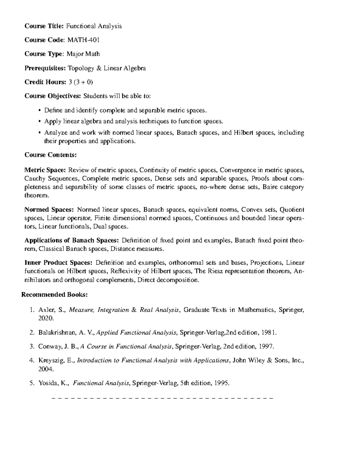 MATH-401 - Functional Analysis Course Outline and Objectives - Studocu