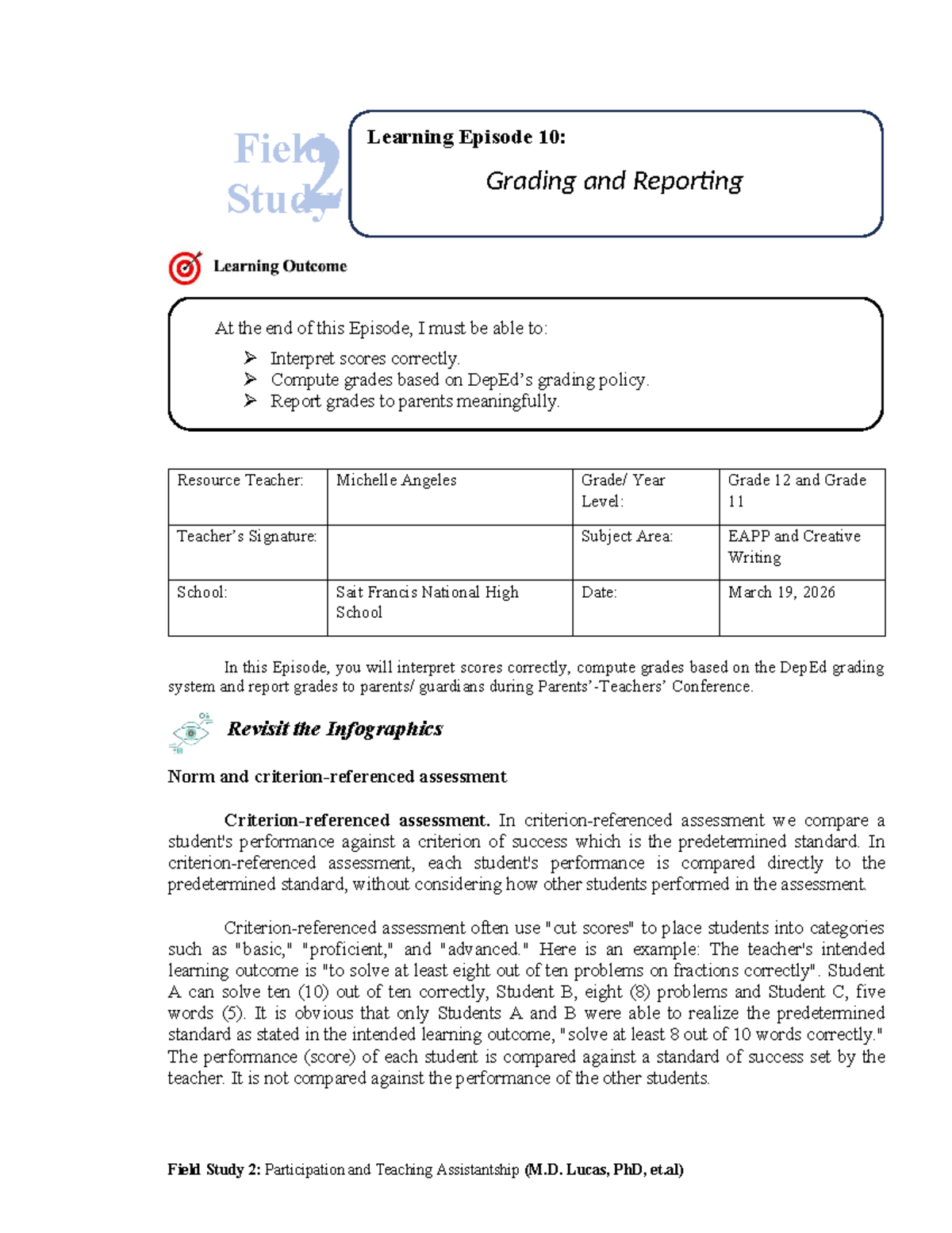 Field Study 2: Learning Episode 10 - Grading & Reporting Insights - Studocu