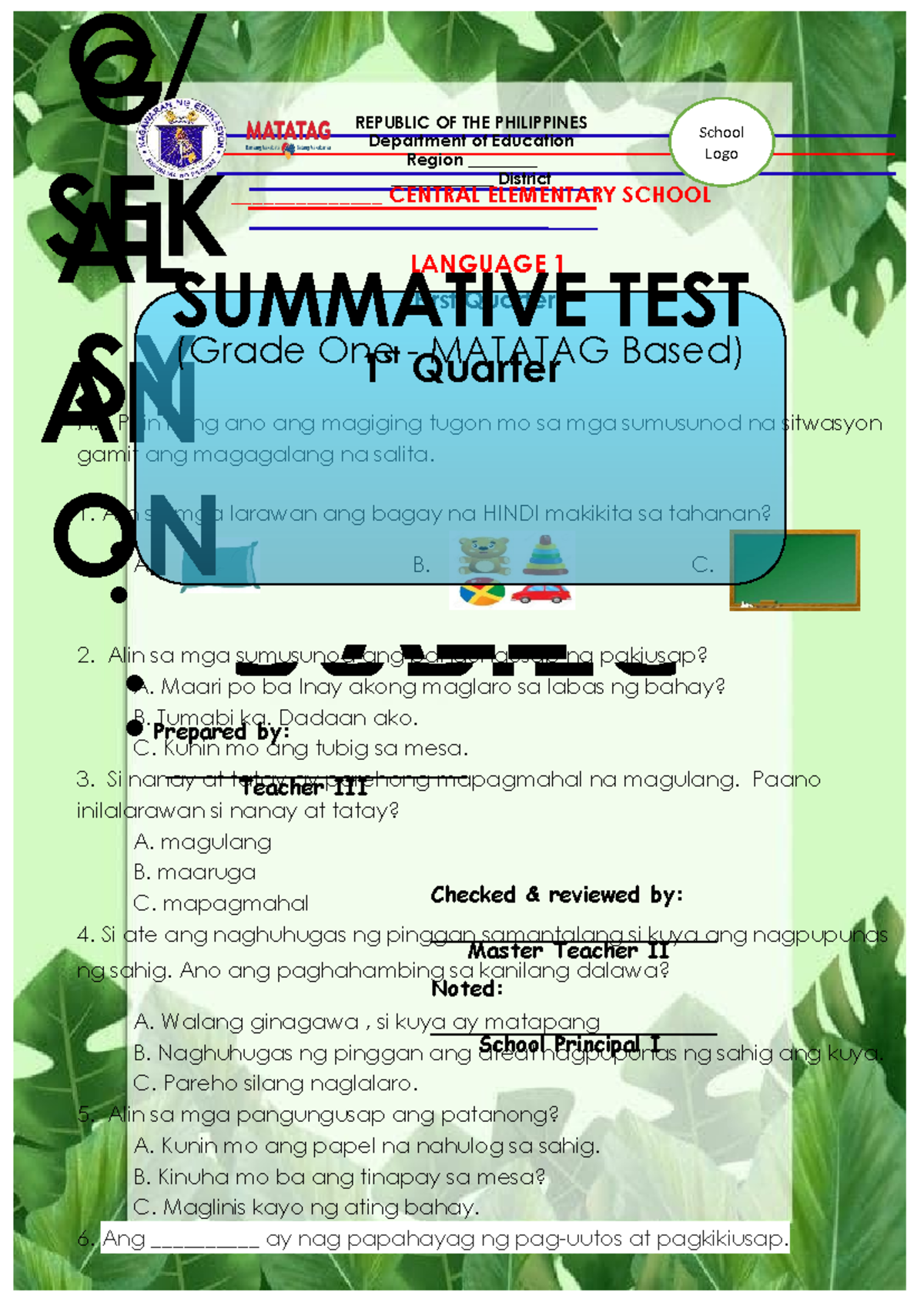 Q1W4 - Summative Test with TOS for All Subjects (Grade 1) - Studocu