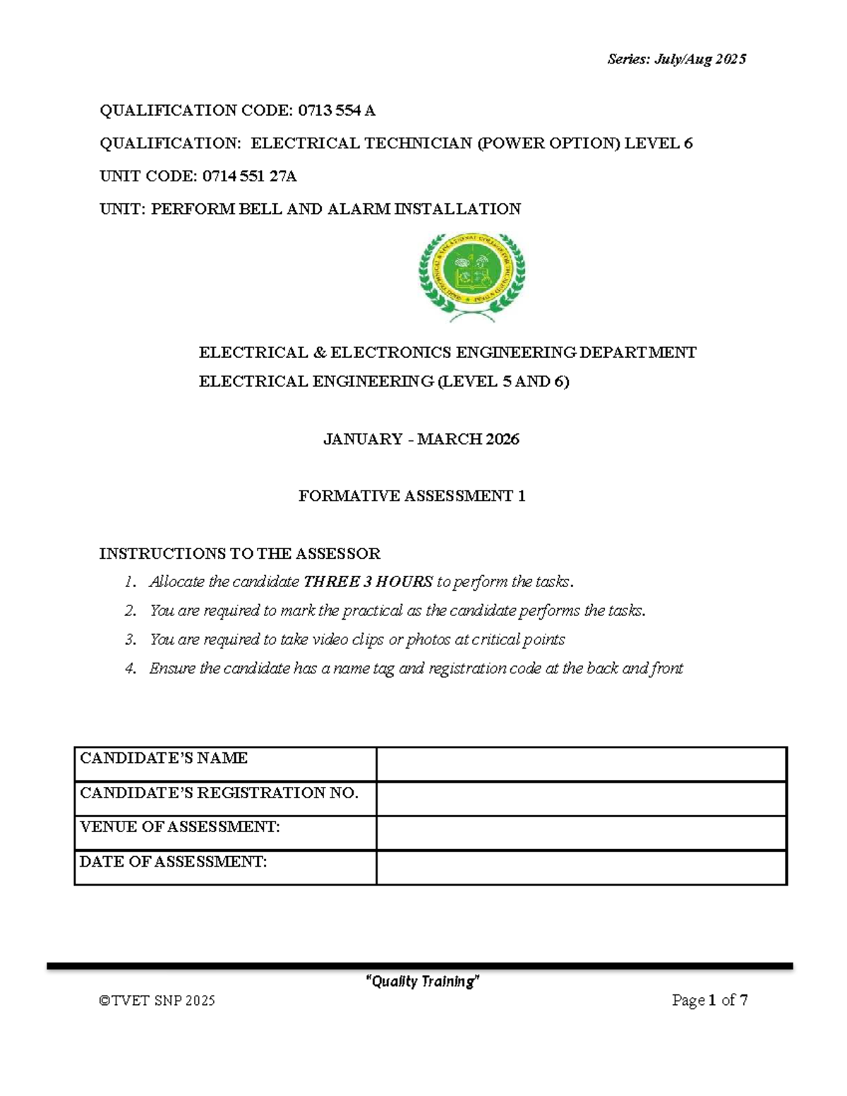 Bell and Alarm Installation Assessment - Electrical Technician Level 6 ...