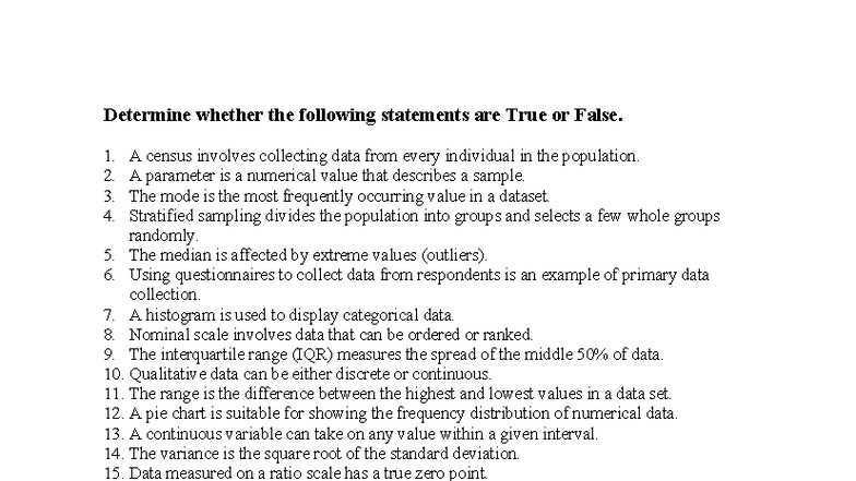 Test Statistics: True or False Statements Analysis for STA 101 - Studocu