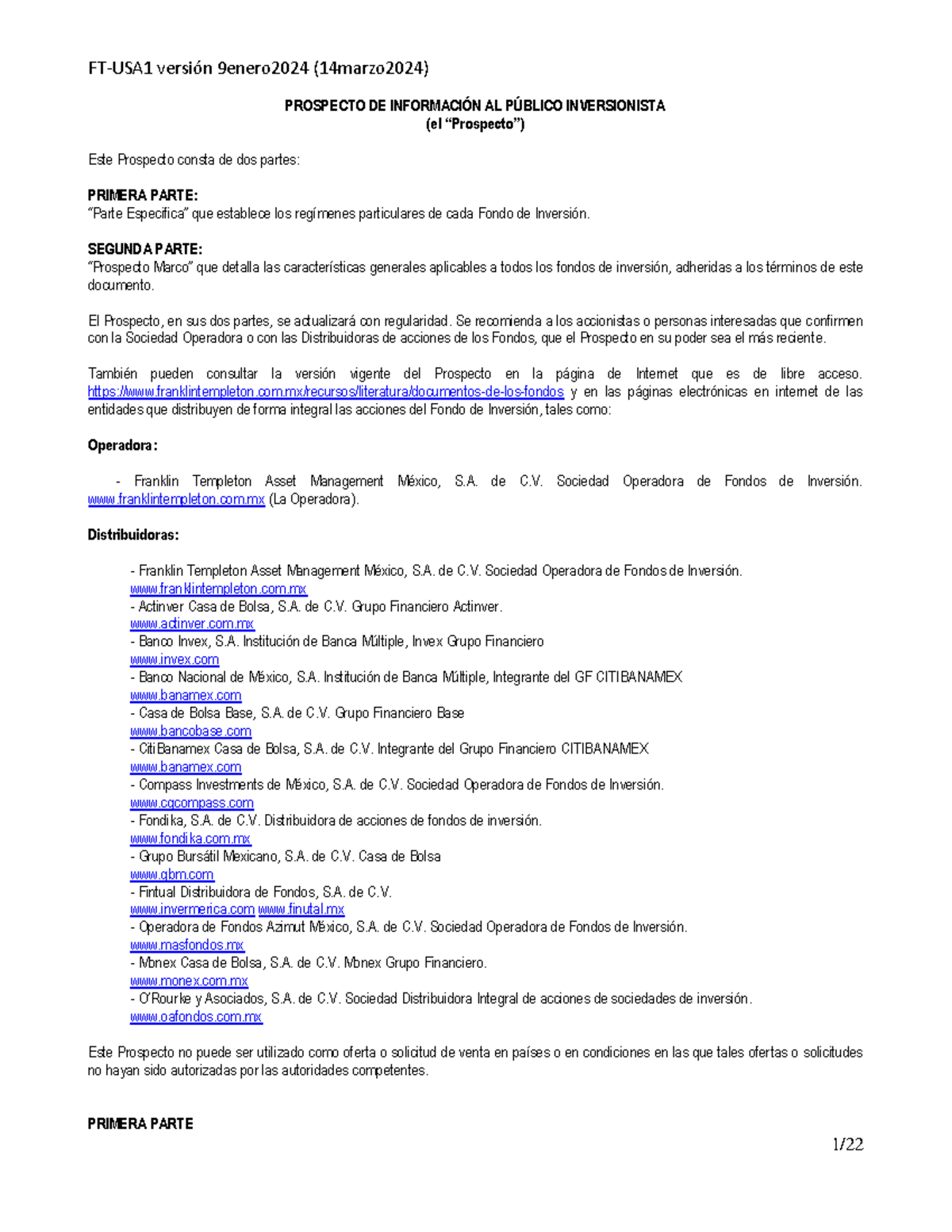 Prospecto de Información al Público Inversionista - FT-USA1 (Enero 2024 ...