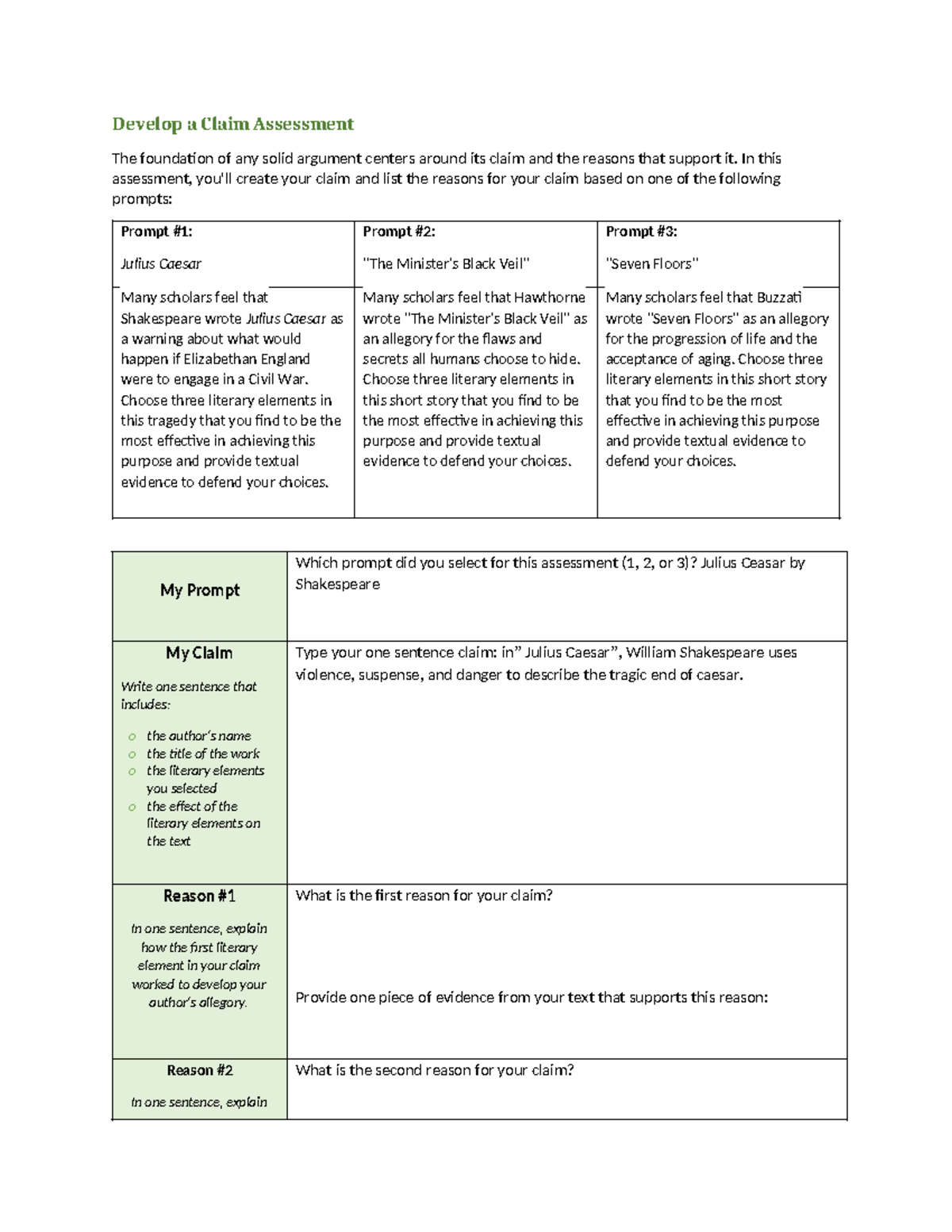 Claim Assessment for "Julius Caesar" - Literary Analysis Techniques ...