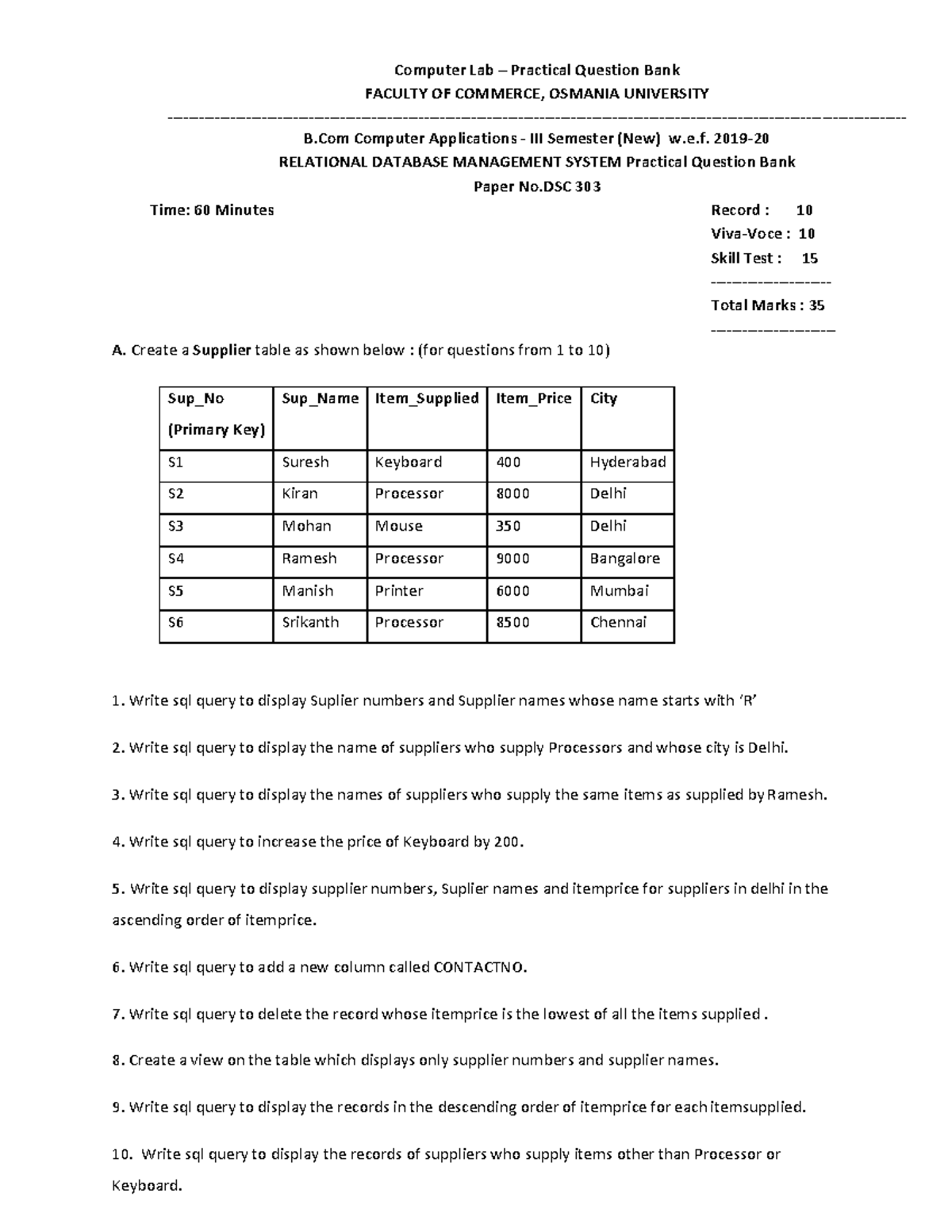 B.com III Sem(CA) Rdbms Lab Qoestion Bank 2019-20 - Computer Lab ...