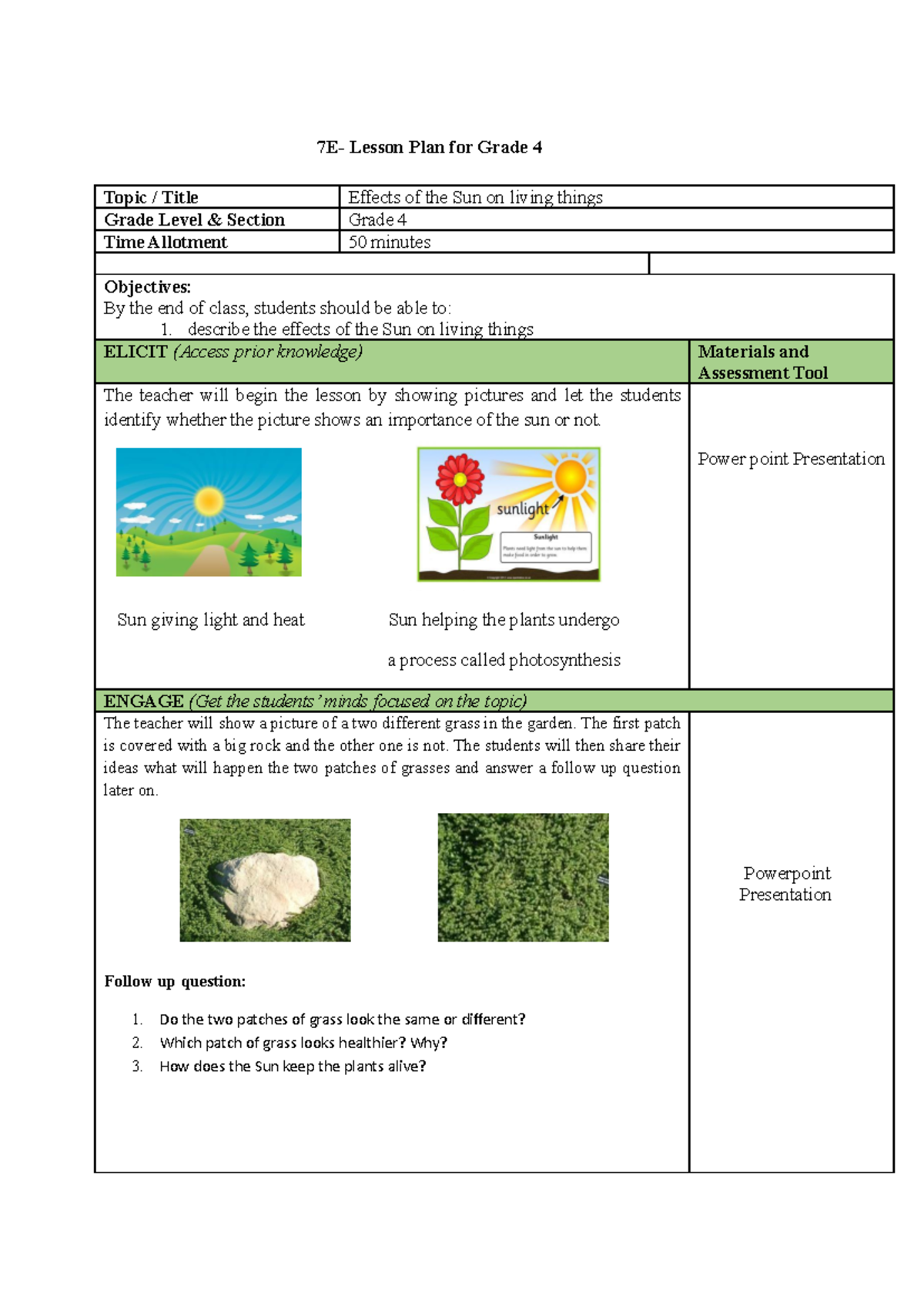 SUN LPP - lesson plan science - sun - 7E- Lesson Plan for Grade 4 Topic ...