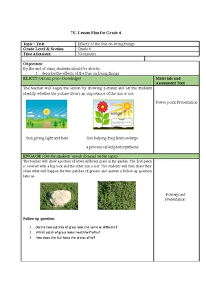 SUN LPP - Grade 4 Lesson Plan on Effects of the Sun on Living Things ...