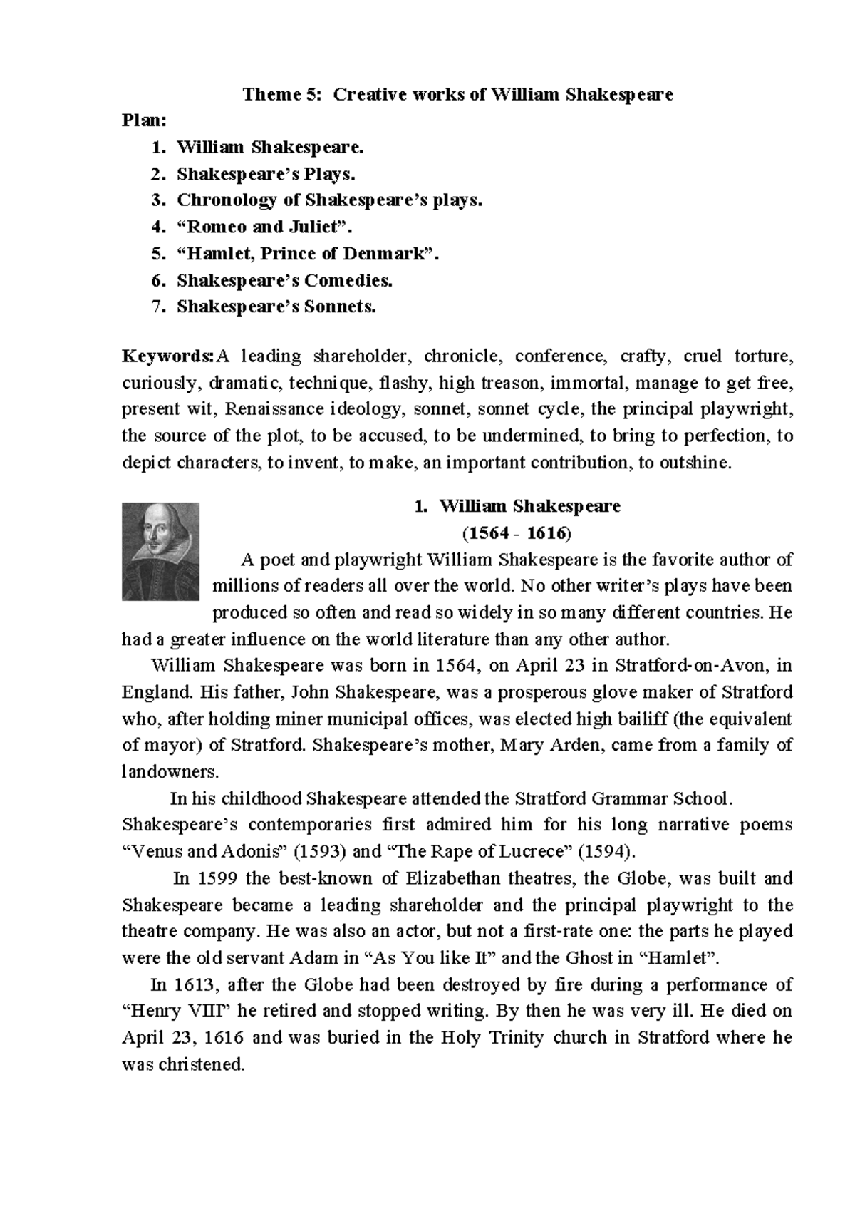 5- Theme - Theme 5: Creative works of William Shakespeare Plan: William ...