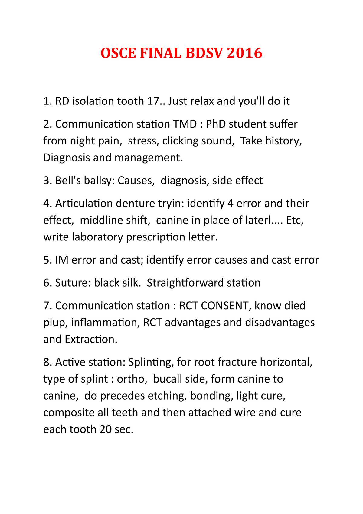 OSCE 2016 Final Exam - BDSV Tooth 17 & Clinical Stations - Studocu