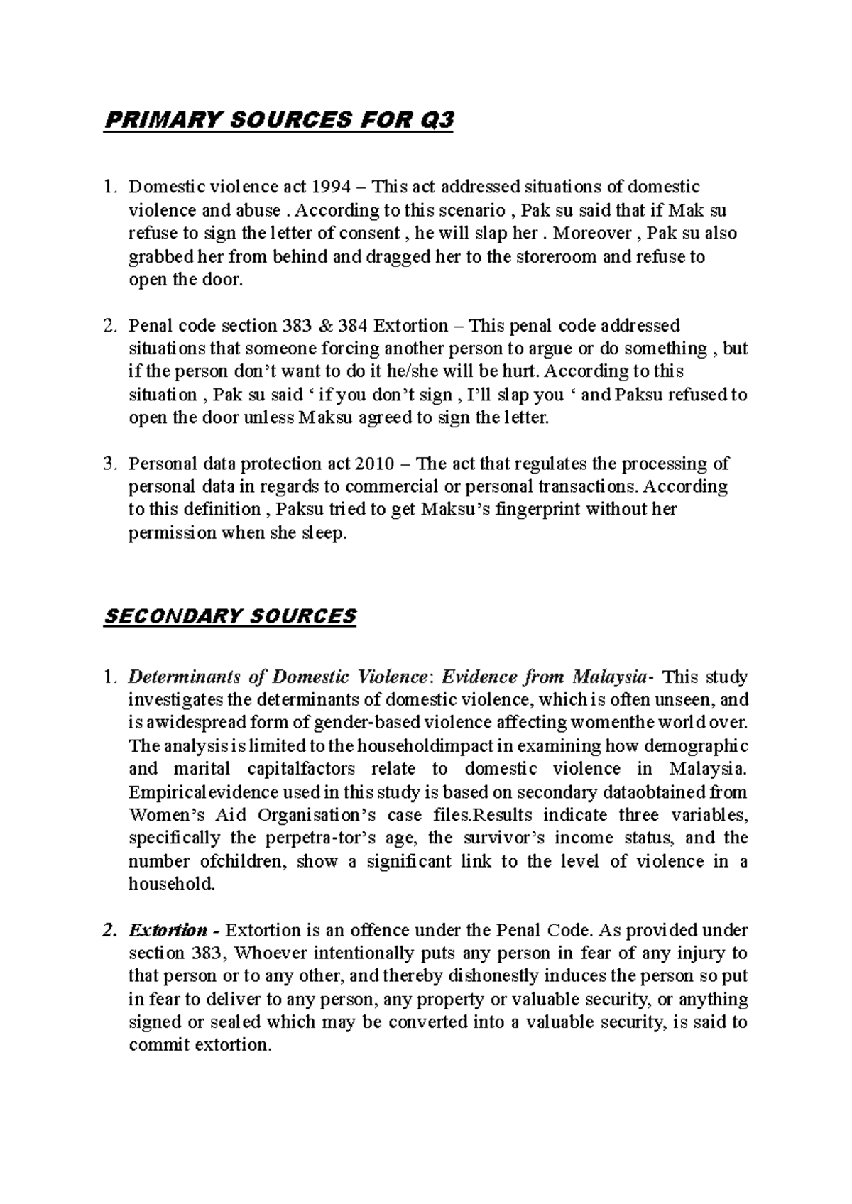 LAW 035 Q3 - Primary Sources on Domestic Violence & Extortion - Studocu
