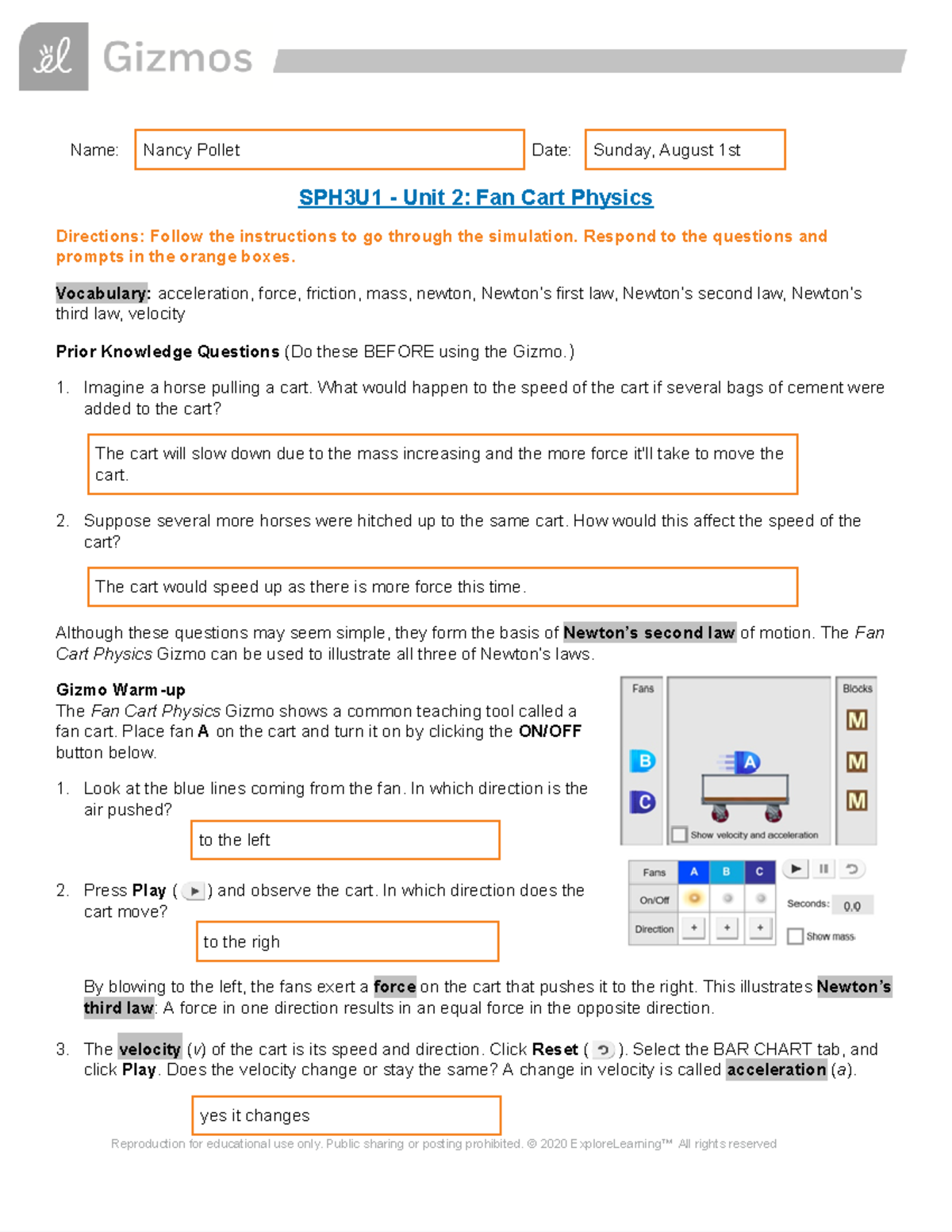 Copy of Unit 2 Fan Cart Physics -Gizmo - SPH3U1 - Unit 2: Fan Cart ...