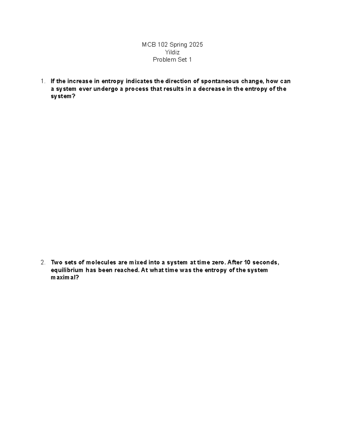 MCB 102 Problem Set 1 - Entropy and Biochemical Calculations - Studocu