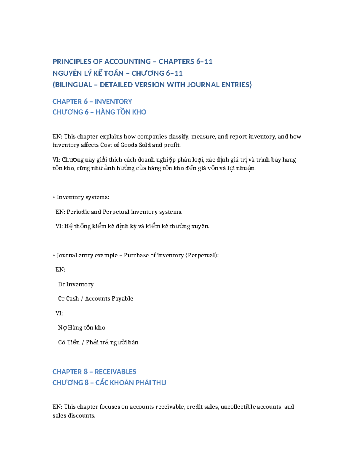 PRINCIPLES OF ACCOUNTING CH6-11 BILINGUAL DETAILED NOTES - Studocu