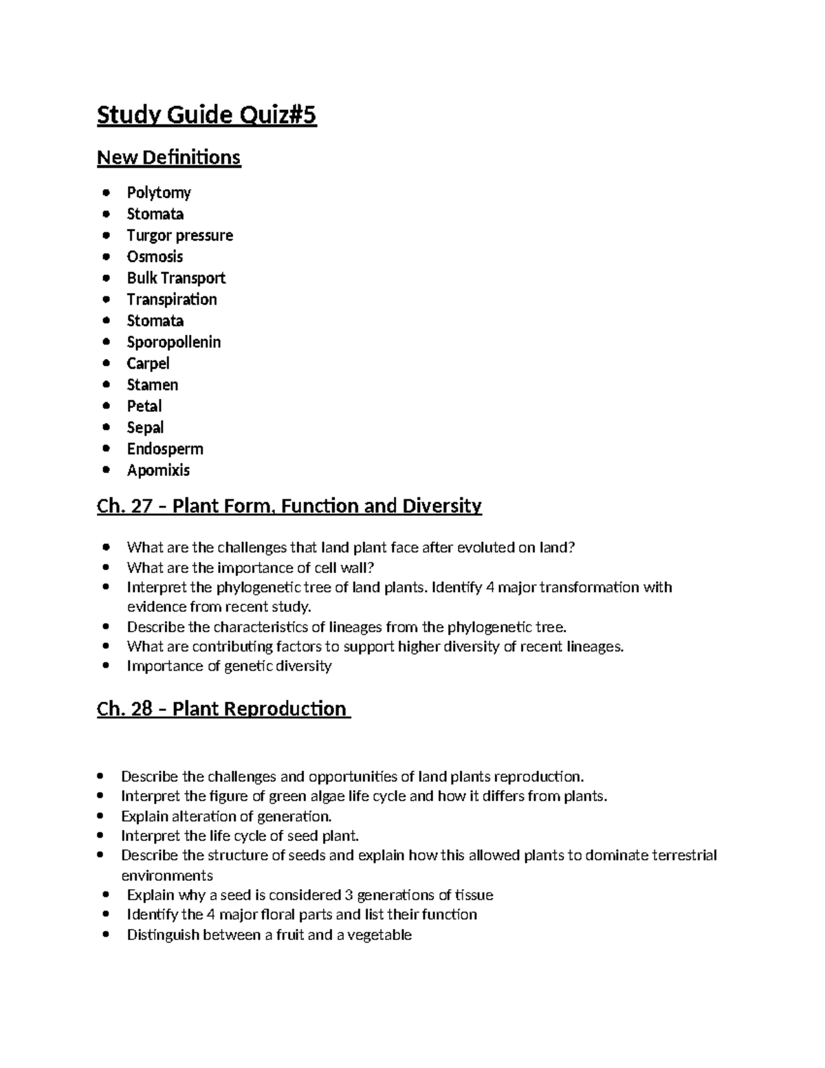 Study Guide for Biology Quiz #5: Plant Form & Function (Ch. 27-28 ...