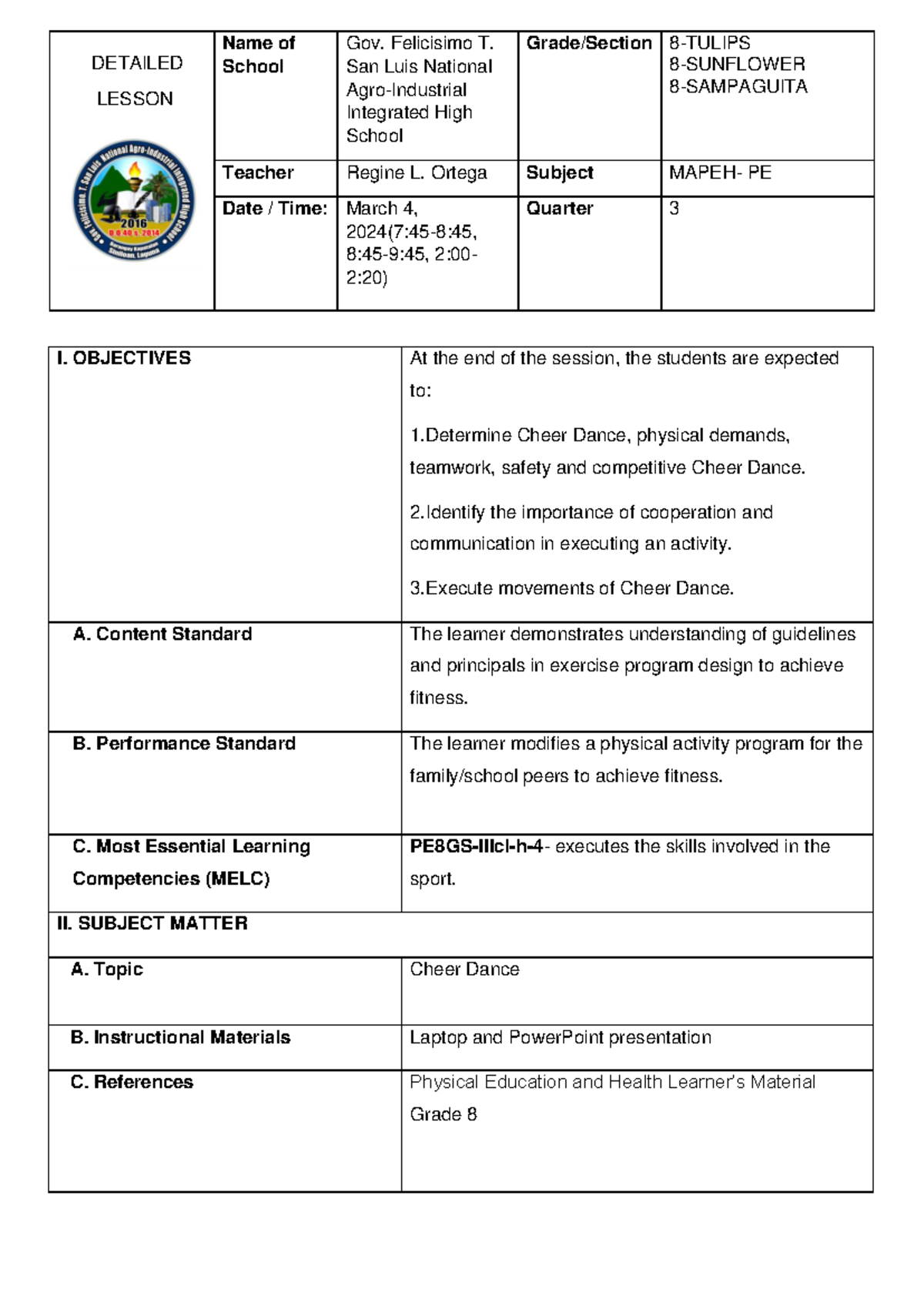 Detailed Lesson Plan: Cheer Dance PE8GS-IIIcl-h-4 - Studocu
