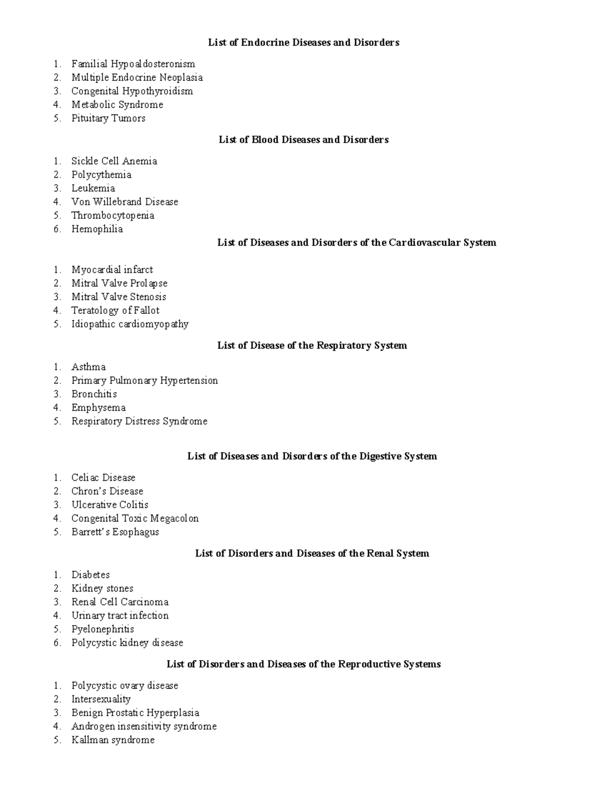 Comprehensive List of Diseases for Presentations - BIO 202 - Studocu