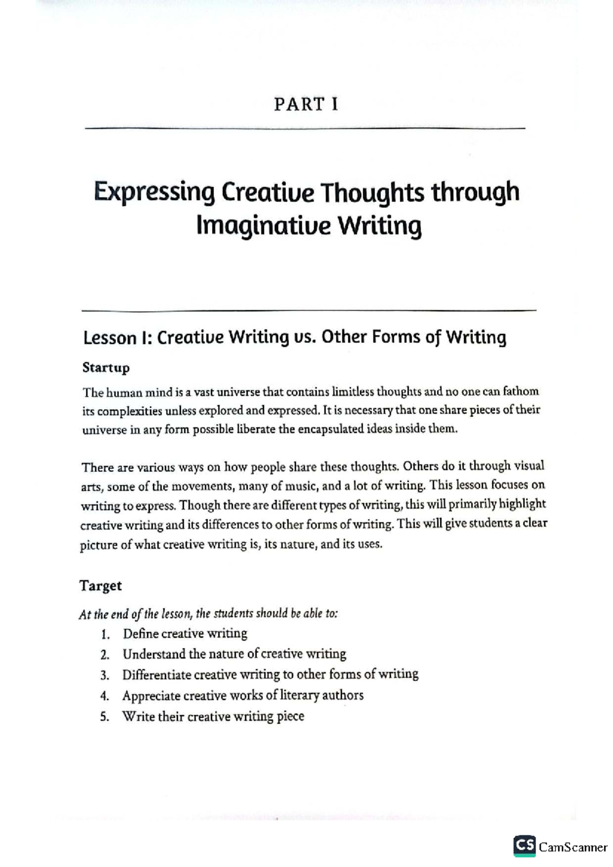 Creative Writing Lesson I: Exploring Imagination and Expression CS BSED ...