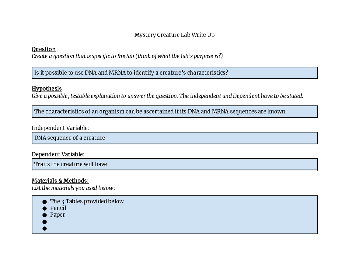 Mystery Creature Lab Analysis - DNA & mRNA Characteristics ...