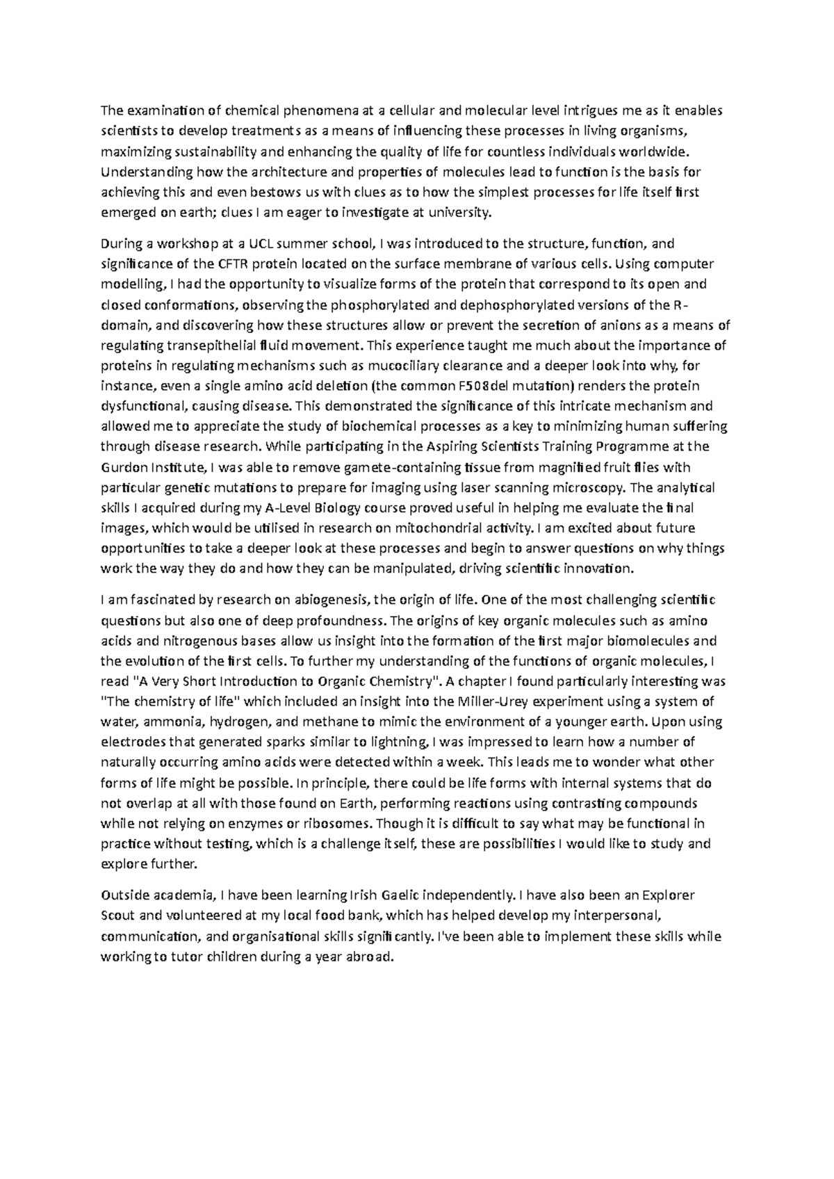 Biochemistry Insights: Zakiyah's Personal Statement for UCL - Studocu