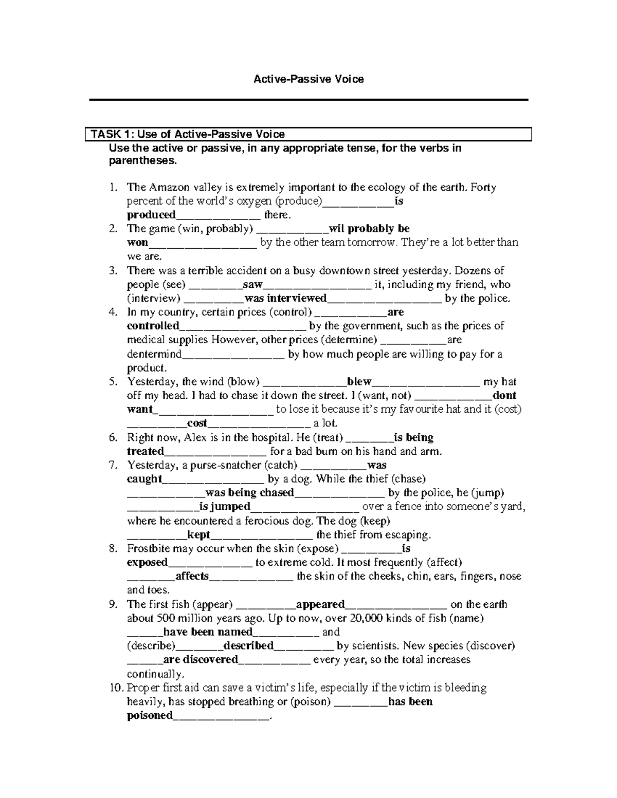 Voice Exercise for LCC: Active and Passive Verbs Task 1 - Studocu