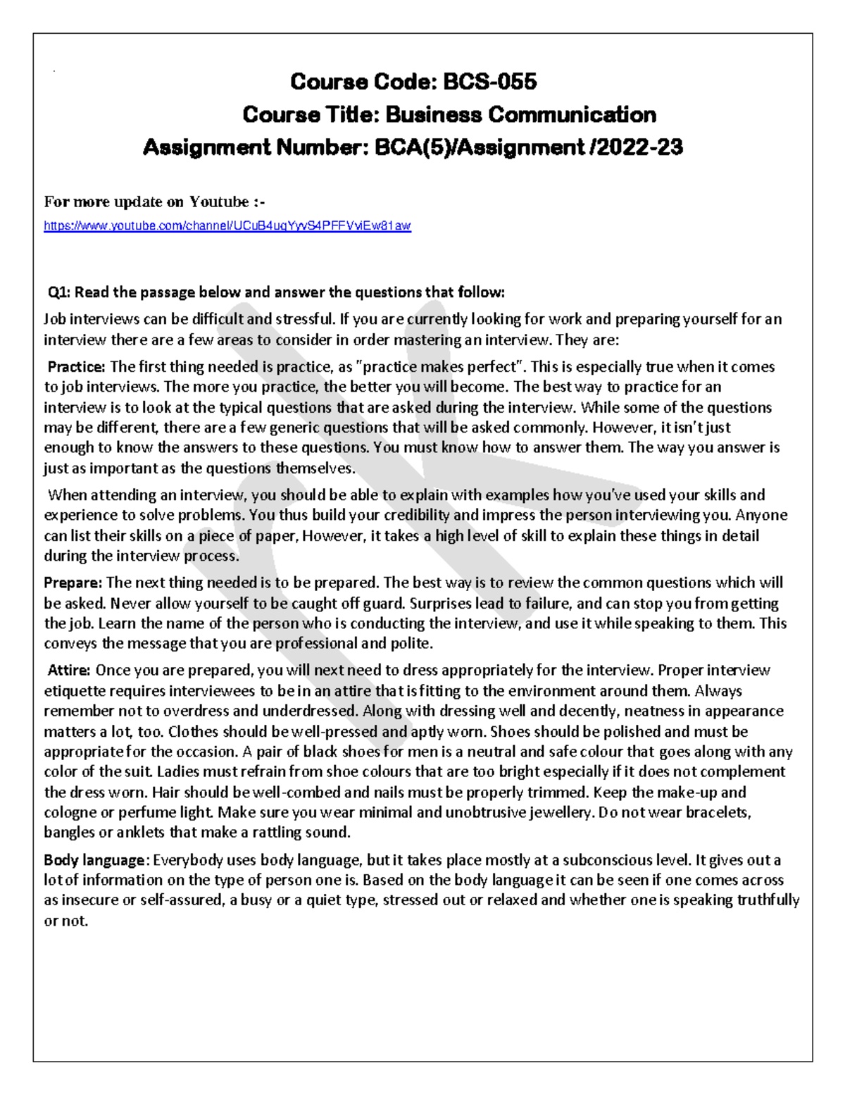 BCS-055 2022-2023 Solved Assignment - Course Code: BCS- 055 Course Title: Business Communication ...