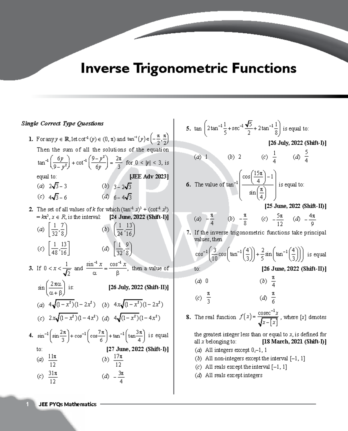 Inverse Trigonometric Functions JEE PYQs Practice Sheet - Studocu
