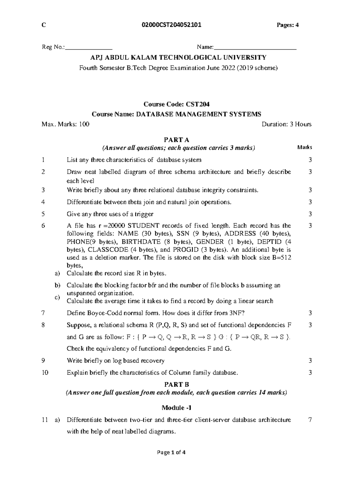 CST204 - DBMS Fourth Sem B.Tech June 2022 Question Paper - Studocu