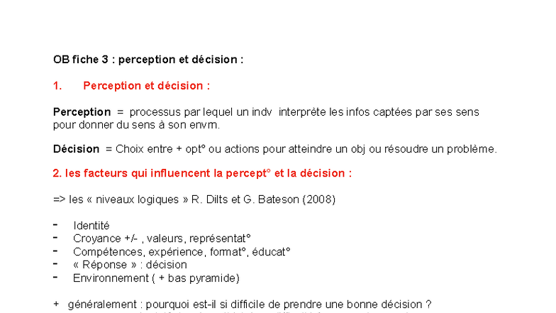 OB Fiche 3 : Perception et Décision - Facteurs et Modèles - Studocu