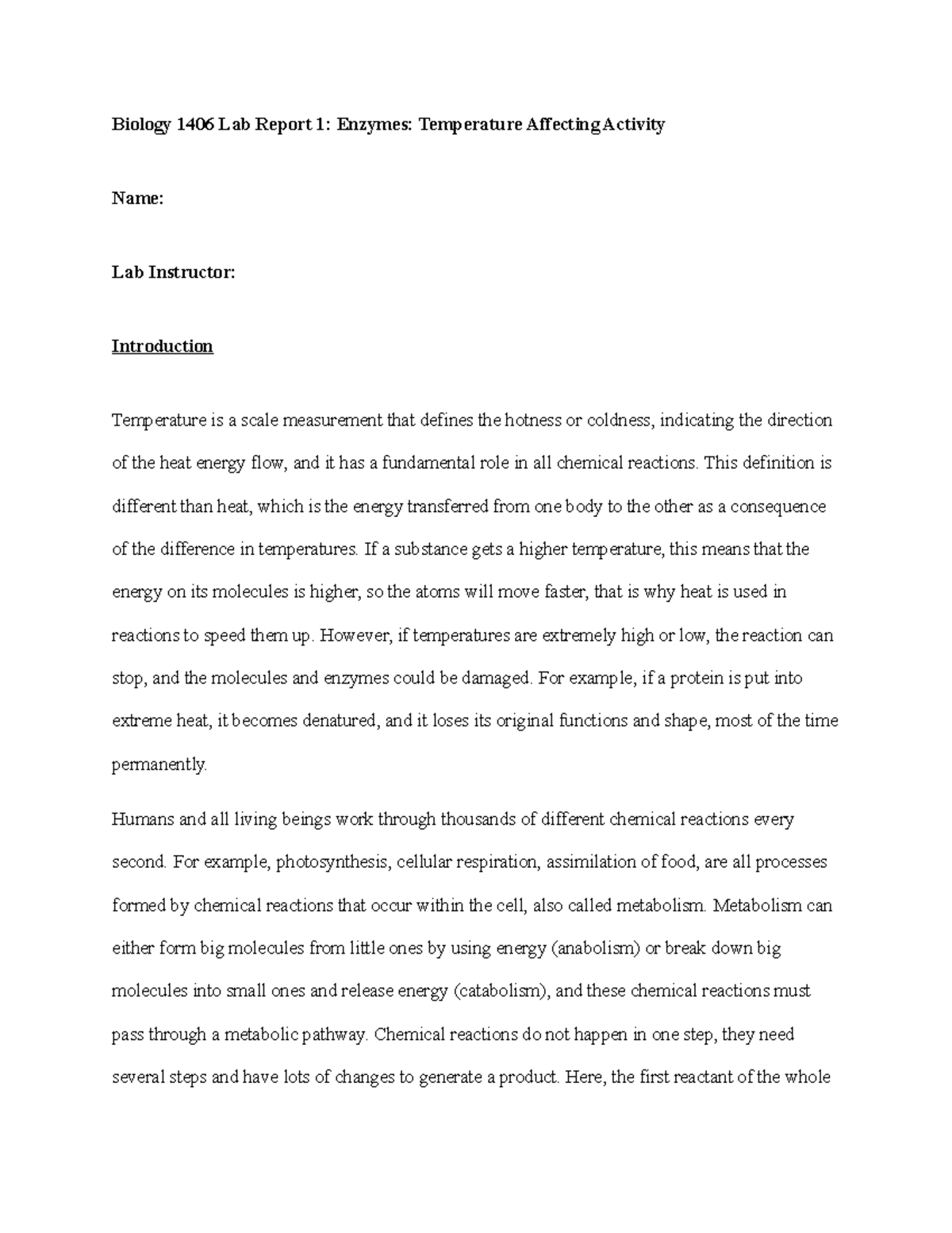 Biology 1406 Lab Report: Enzyme Activity at Varying Temperatures - Studocu