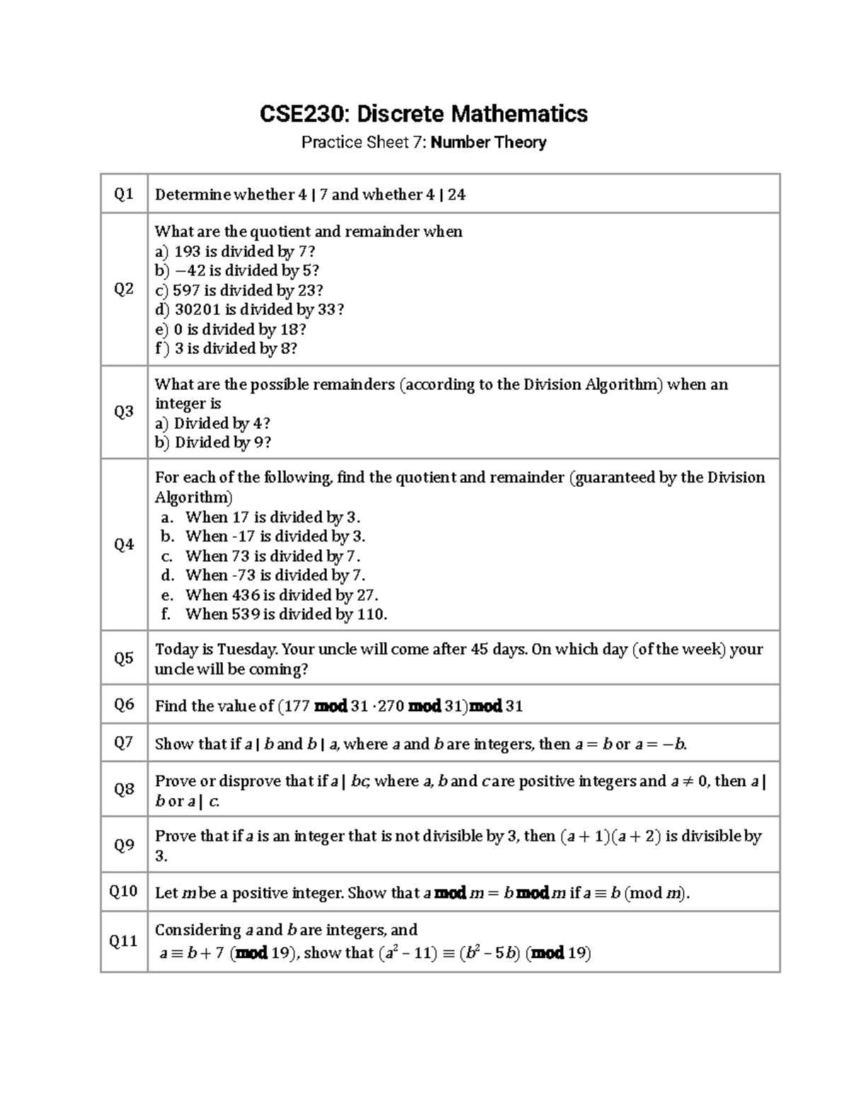 CSE230: Discrete Practice Sheet 7 - Number Theory Problems - Studocu
