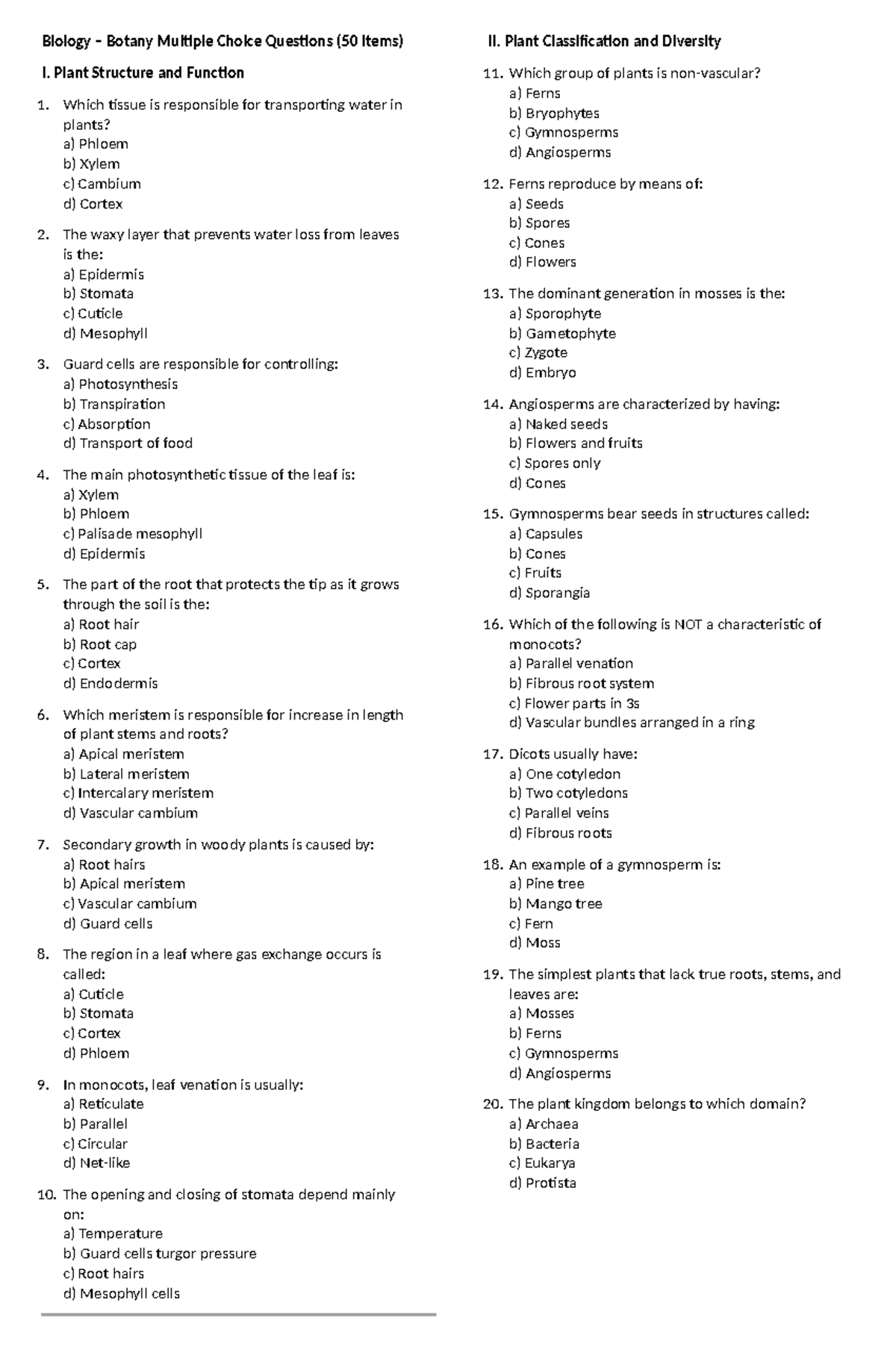 Biology 101: Botany MCQs on Plant Classification & Physiology - Studocu