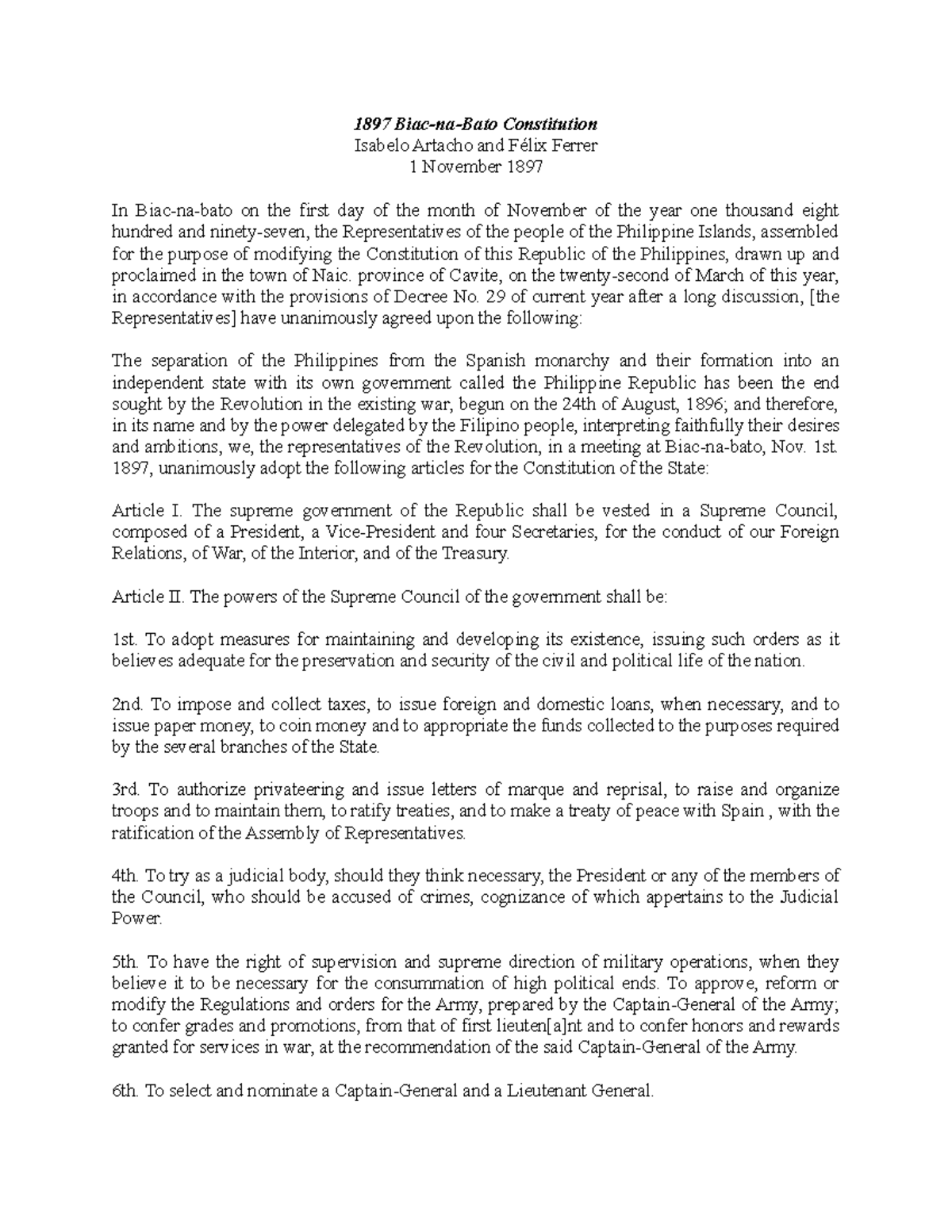 1897 Biak na bato Constitution - 1897 Biac-na-Bato Constitution Isabelo ...