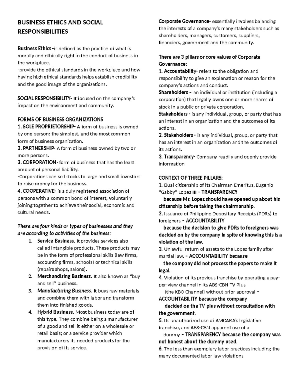 BUS 101: Business Ethics & Social Responsibilities Overview - Studocu