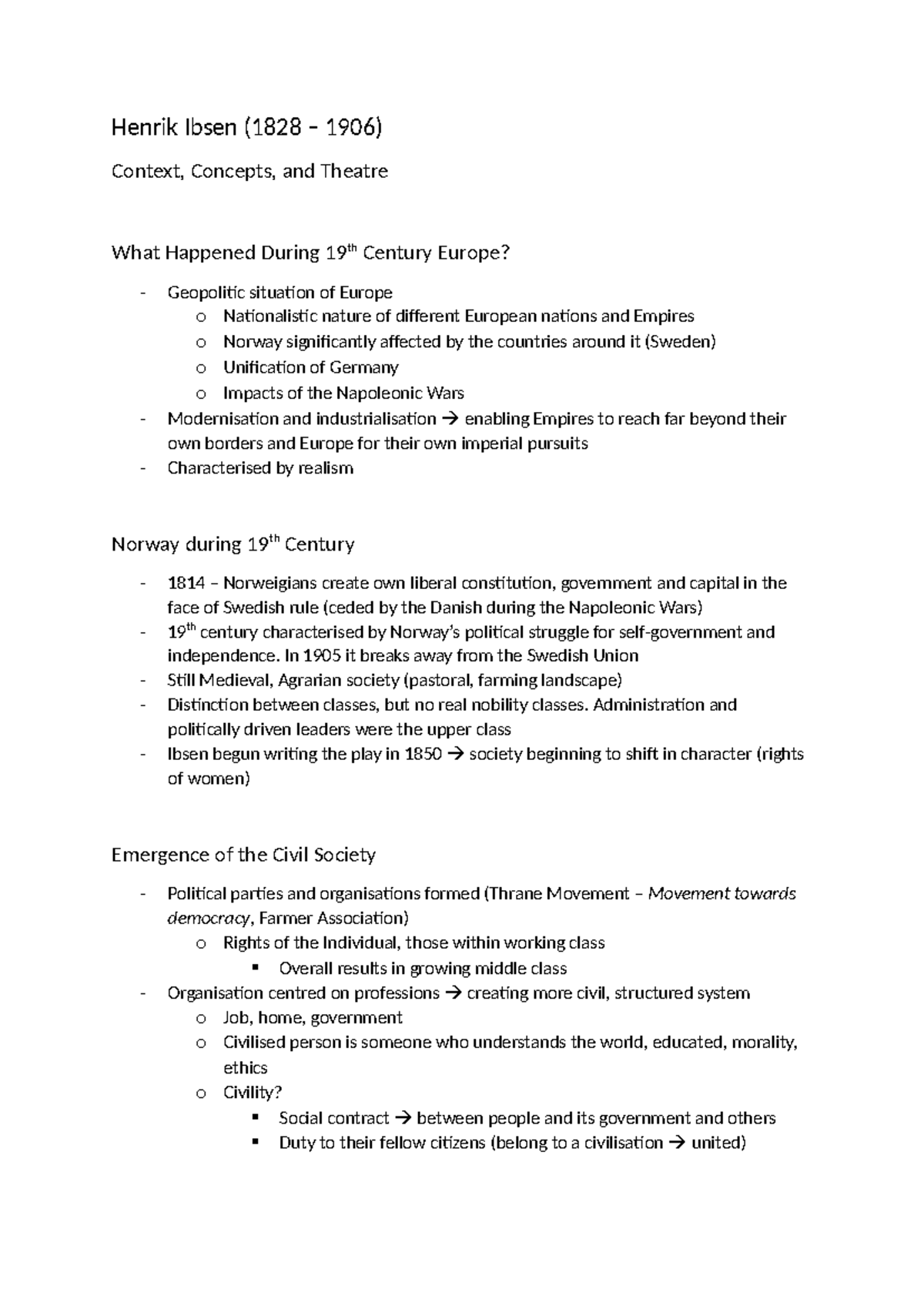 Henrik Ibsen (ENG 101) 19th Century Context & Theatre Analysis - Studocu
