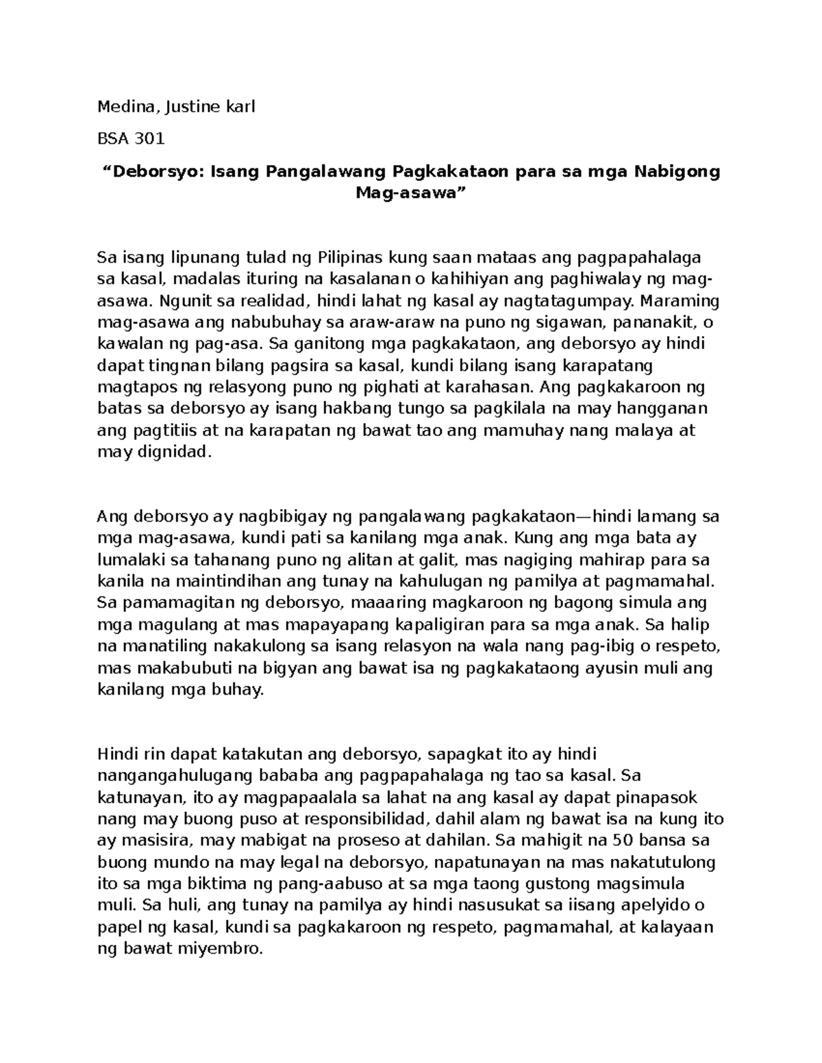 BSA 301 Opinyon Tungkol sa Deborsyo: Pangalawang Pagkakataon - Studocu