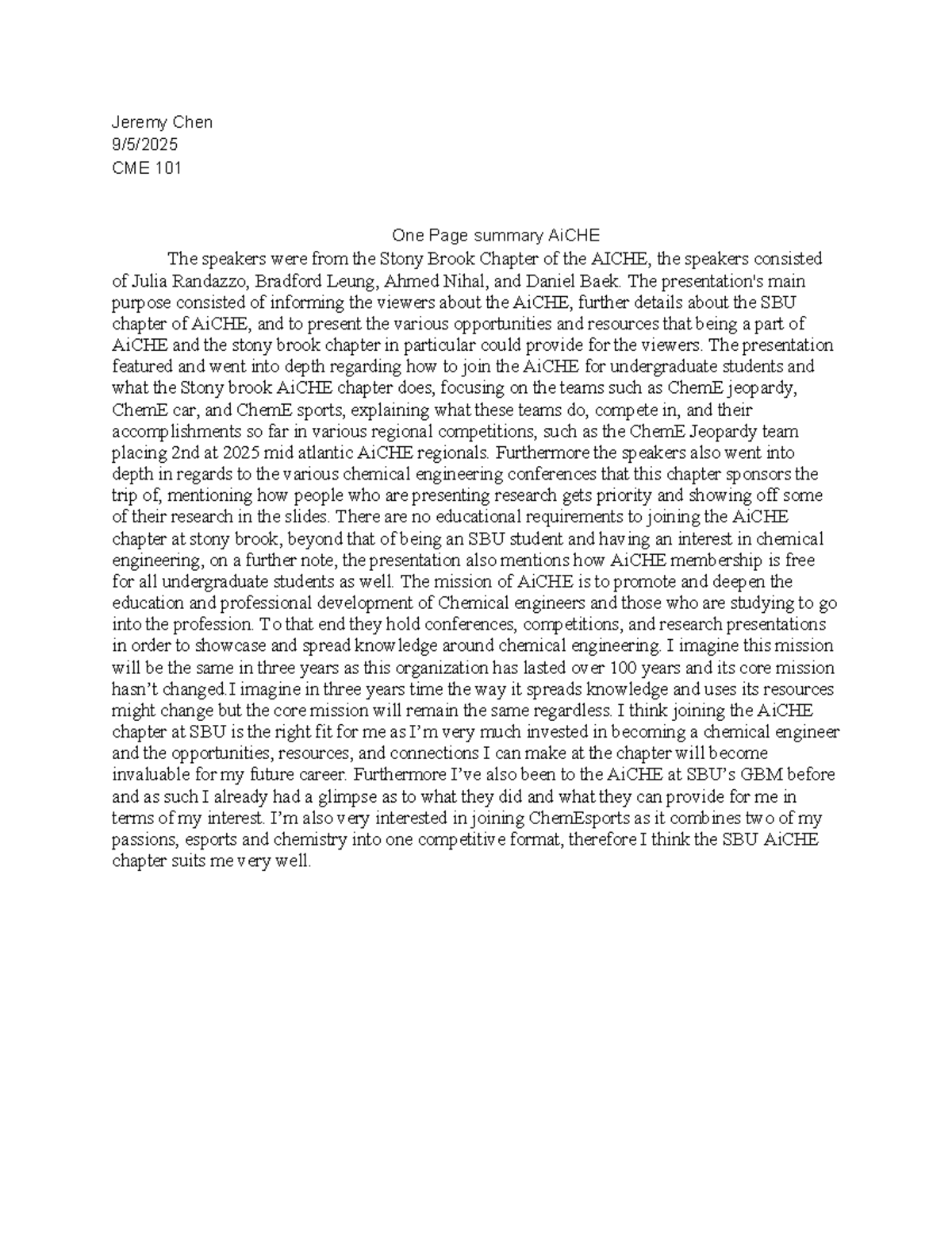 CME 101: One-Page Summary of AiCHE Presentation at SBU - Studocu