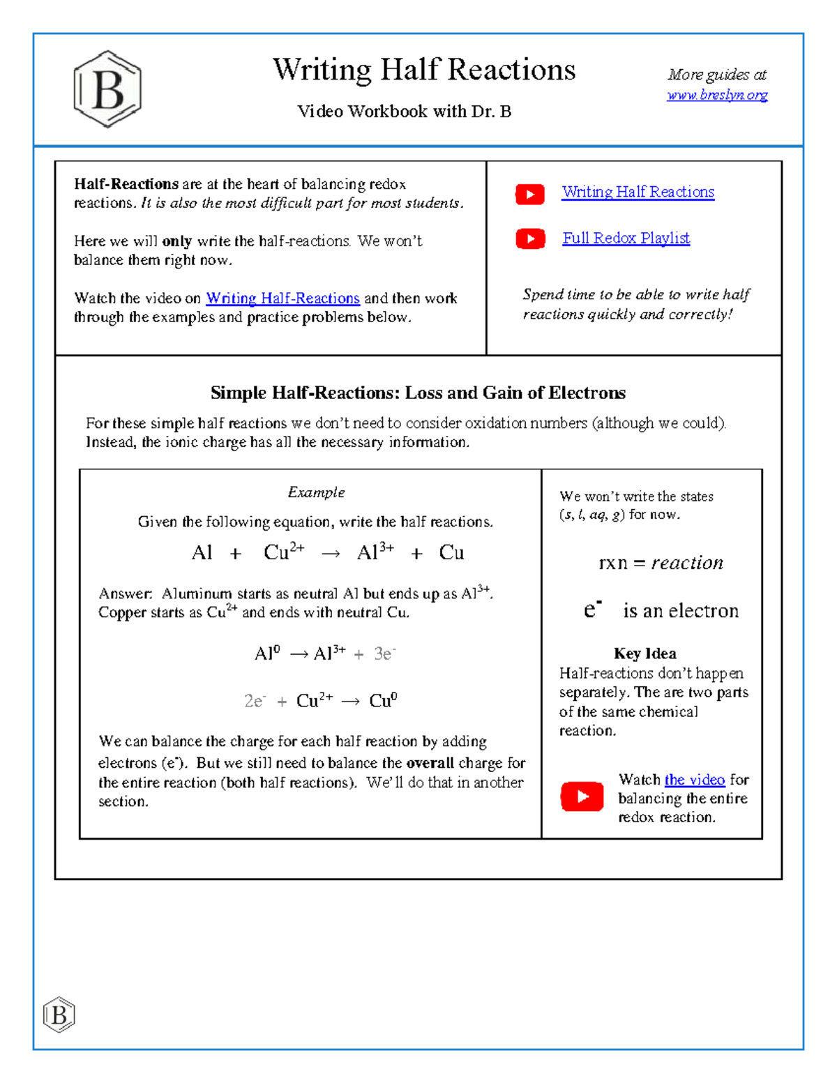 3-Redox: Writing Half Reactions Guide for Balancing Redox Reactions ...
