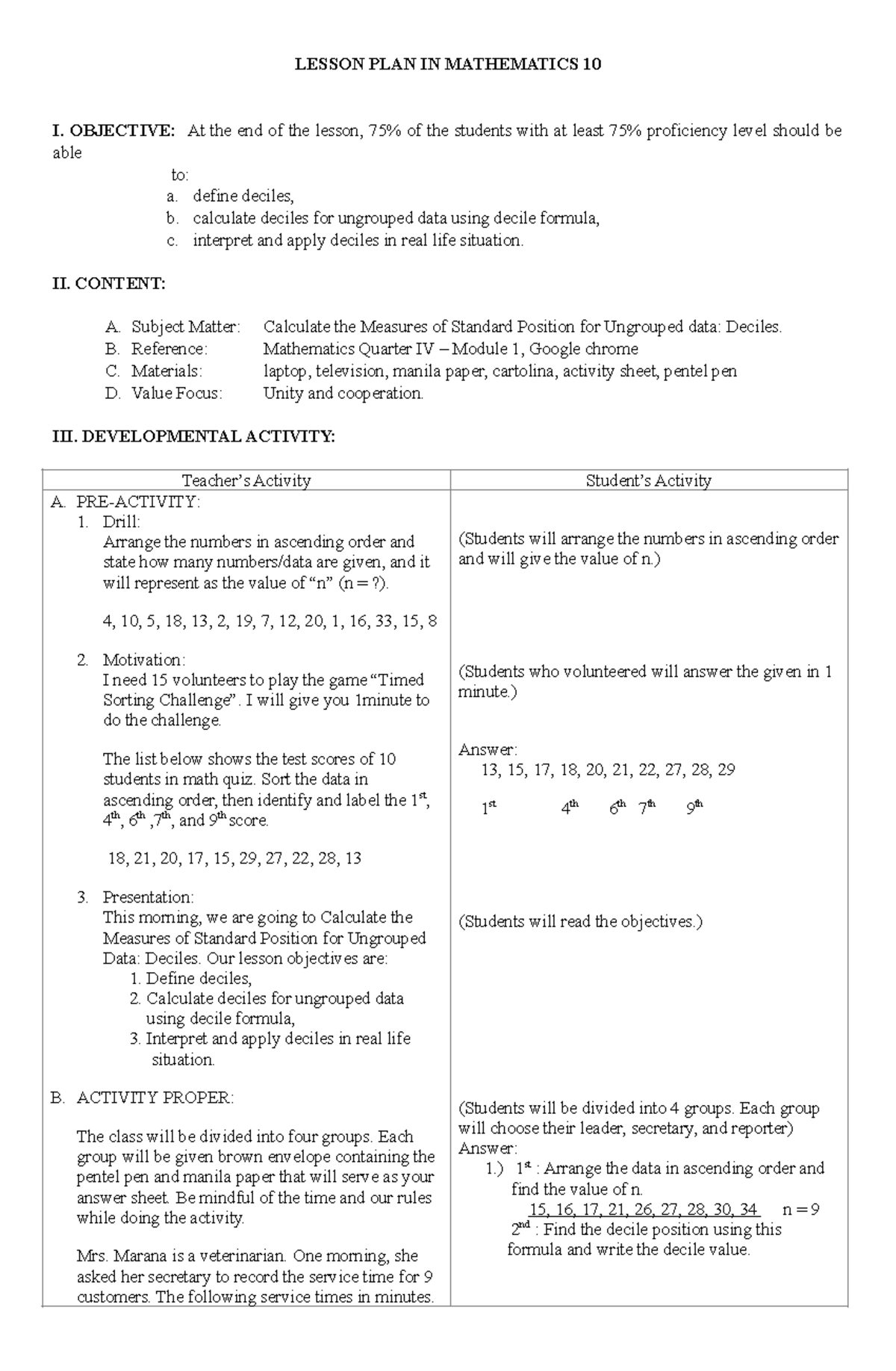 Lesson PLAN IN Mathematics 10 - LESSON PLAN IN MATHEMATICS 10 I ...