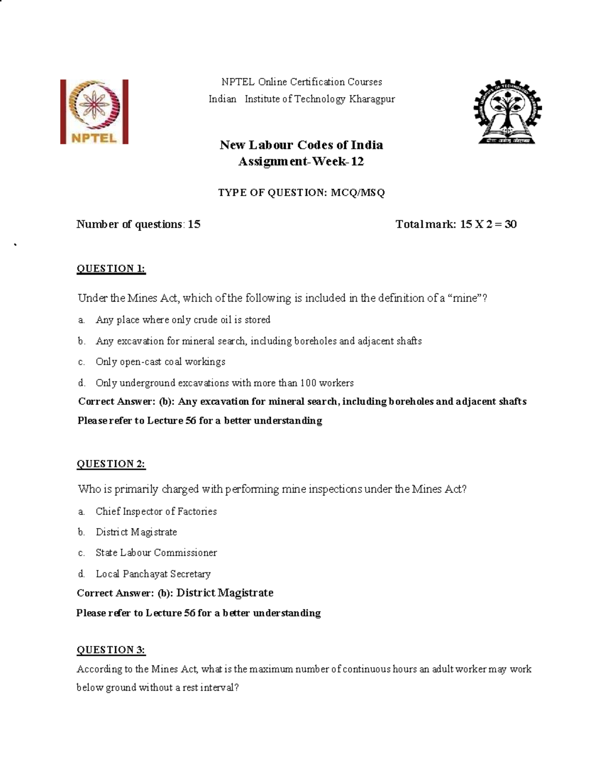 NPTEL IIT Kharagpur Week 12 Assignment: New Labour Codes of India - Studocu