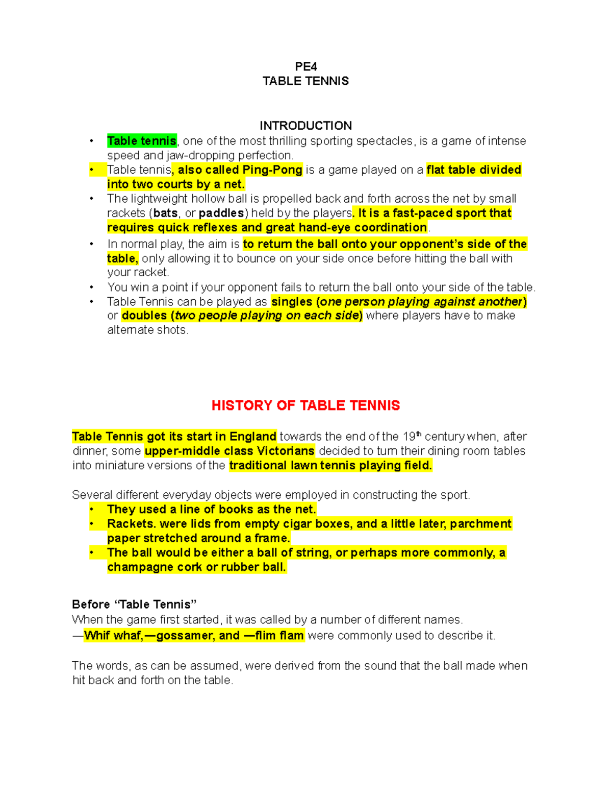 PE4 Table Tennis Reviewer: A Comprehensive Study Guide on the Sport ...