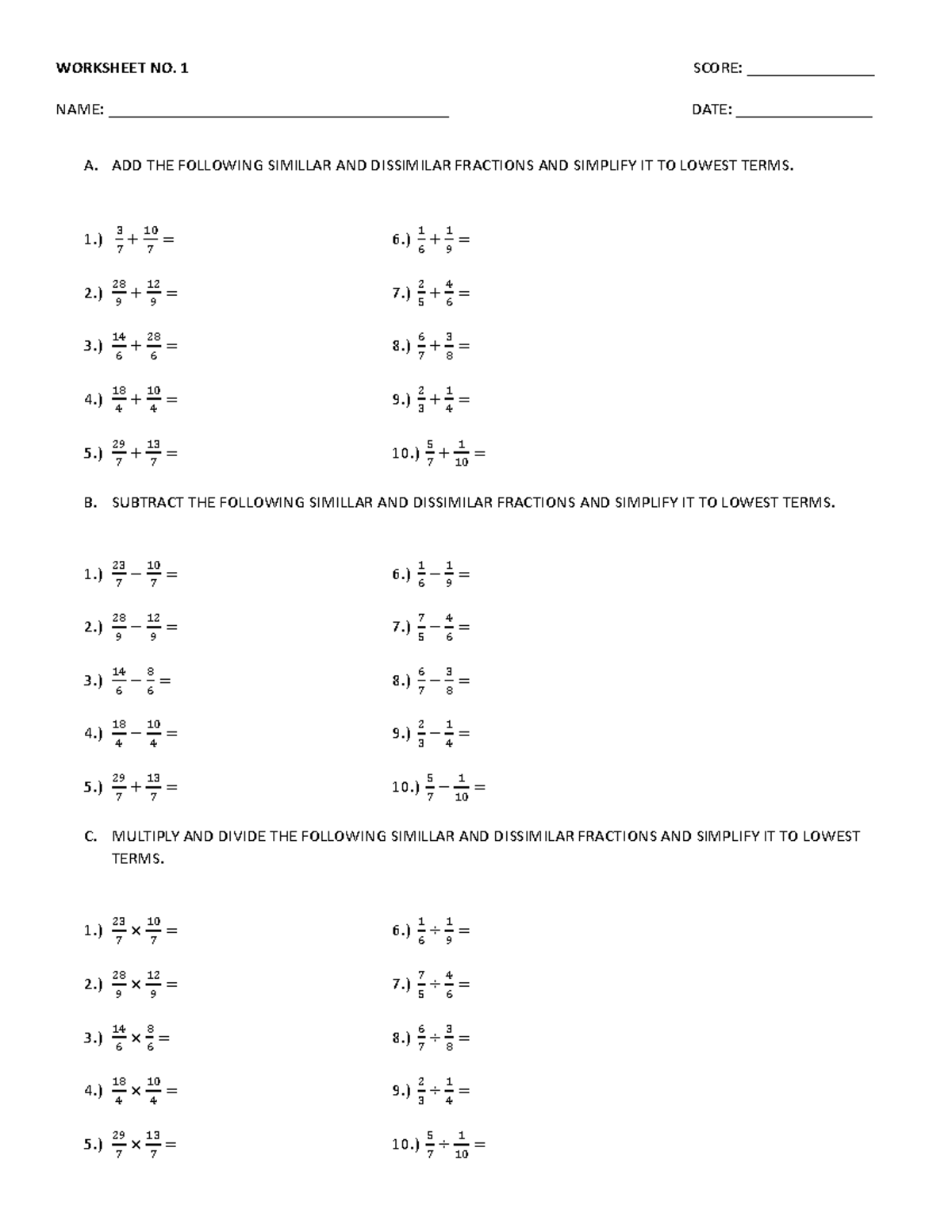 Similar and Dissimilar Fraction Worksheet (Worksheet No. 1 & 2) - Studocu