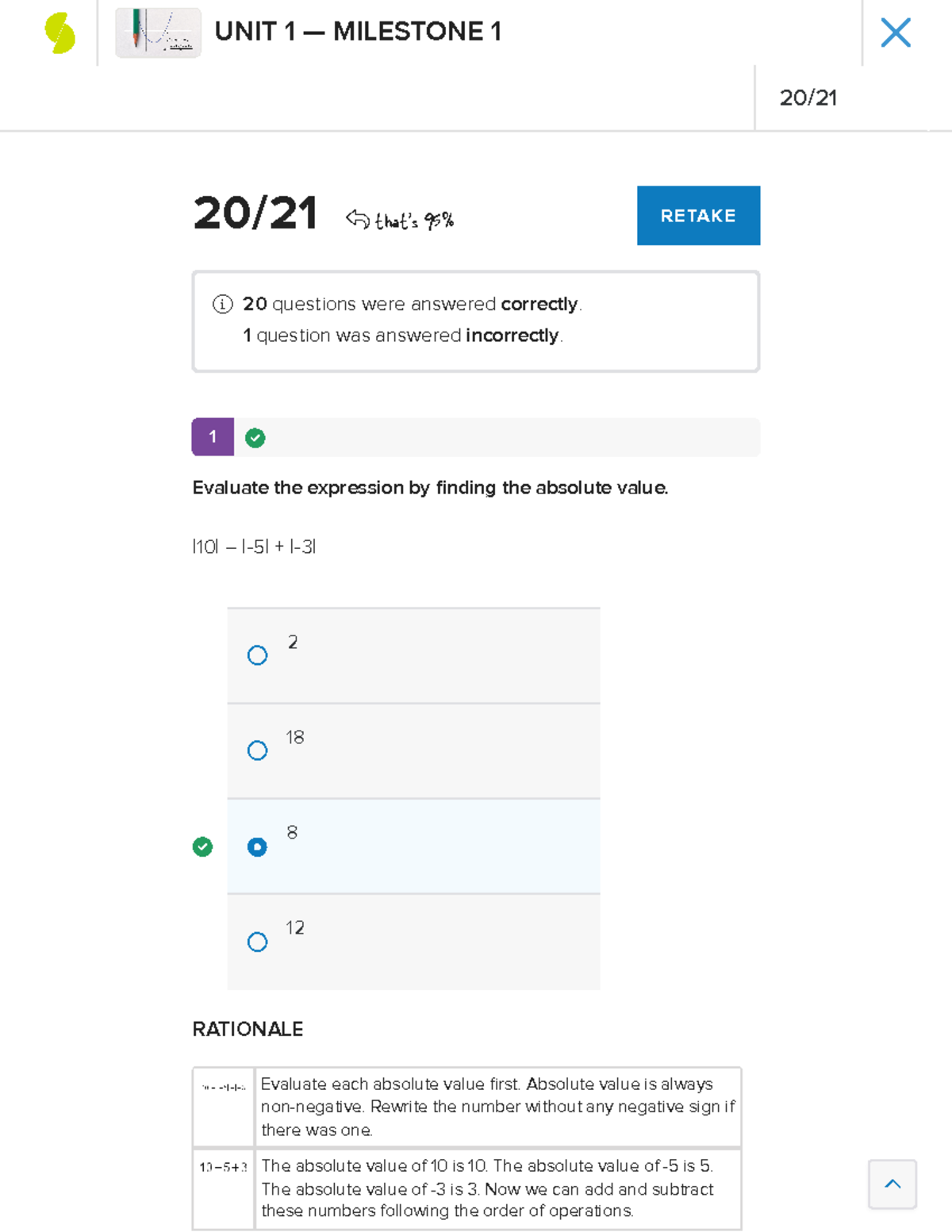 Algebra - Unit 1 Exam - 1 20 / 21 that's 95% RETAKE 20 questions were ...