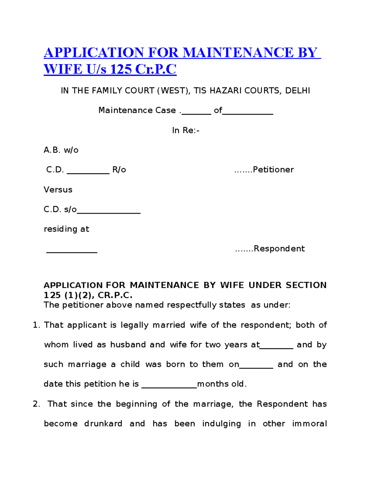 430184356 Petition crpc 125 - APPLICATION FOR MAINTENANCE BY WIFE U/s ...