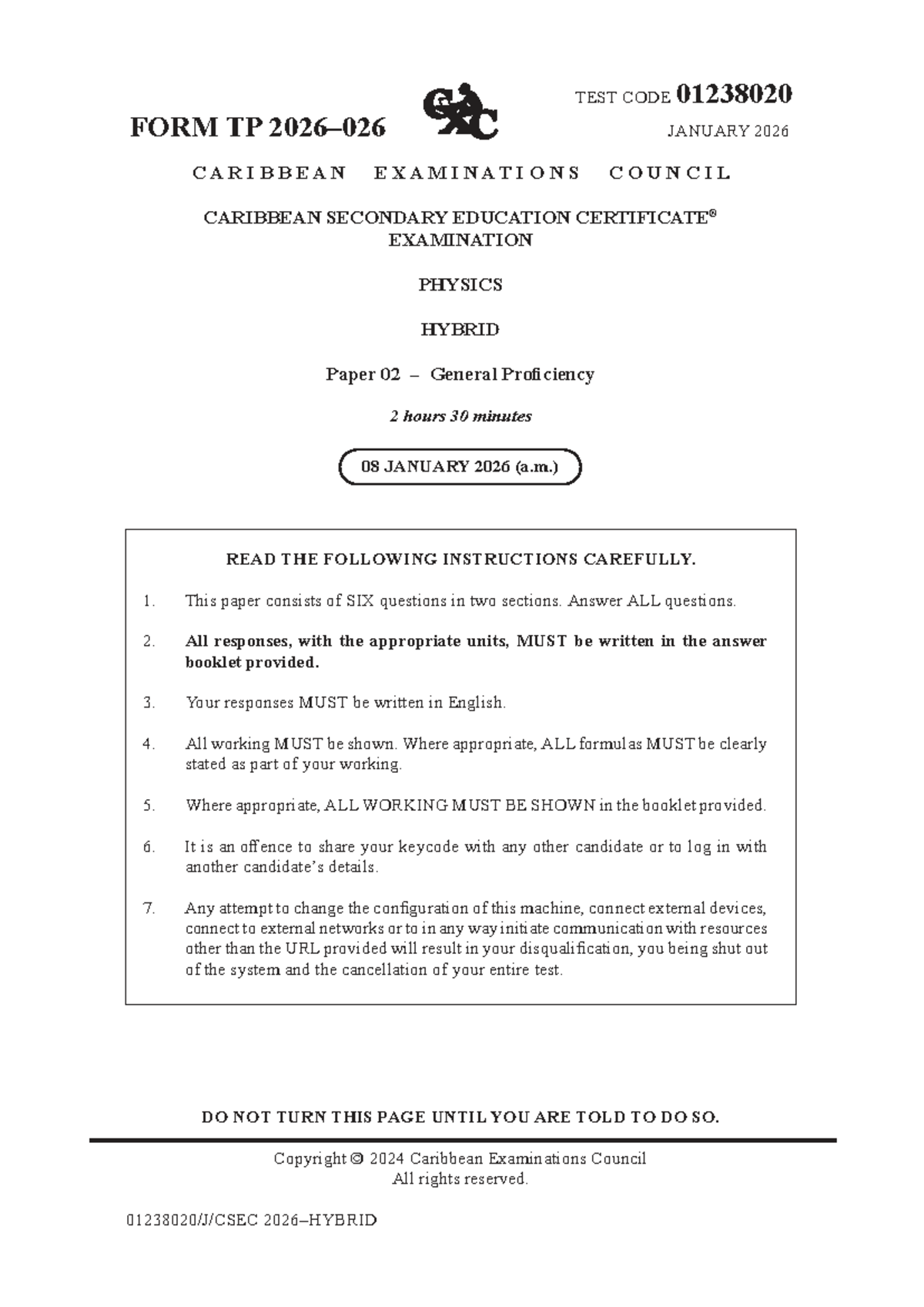CSEC 01238/020 Physics Jan 2026 P2 Hybrid Exam Paper - Studocu