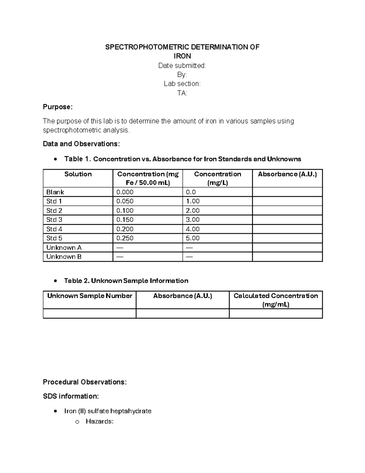 SPECTROPHOTOMETRIC DETERMINATION OF IRON - Pre-Lab 1 - Studocu