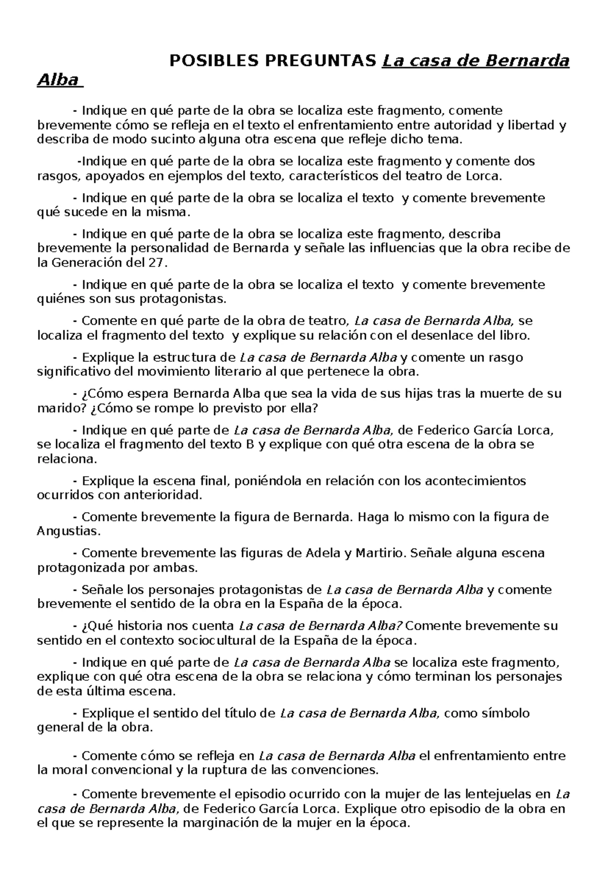 Preguntas Clave sobre "La casa de Bernarda Alba" - Análisis y ...