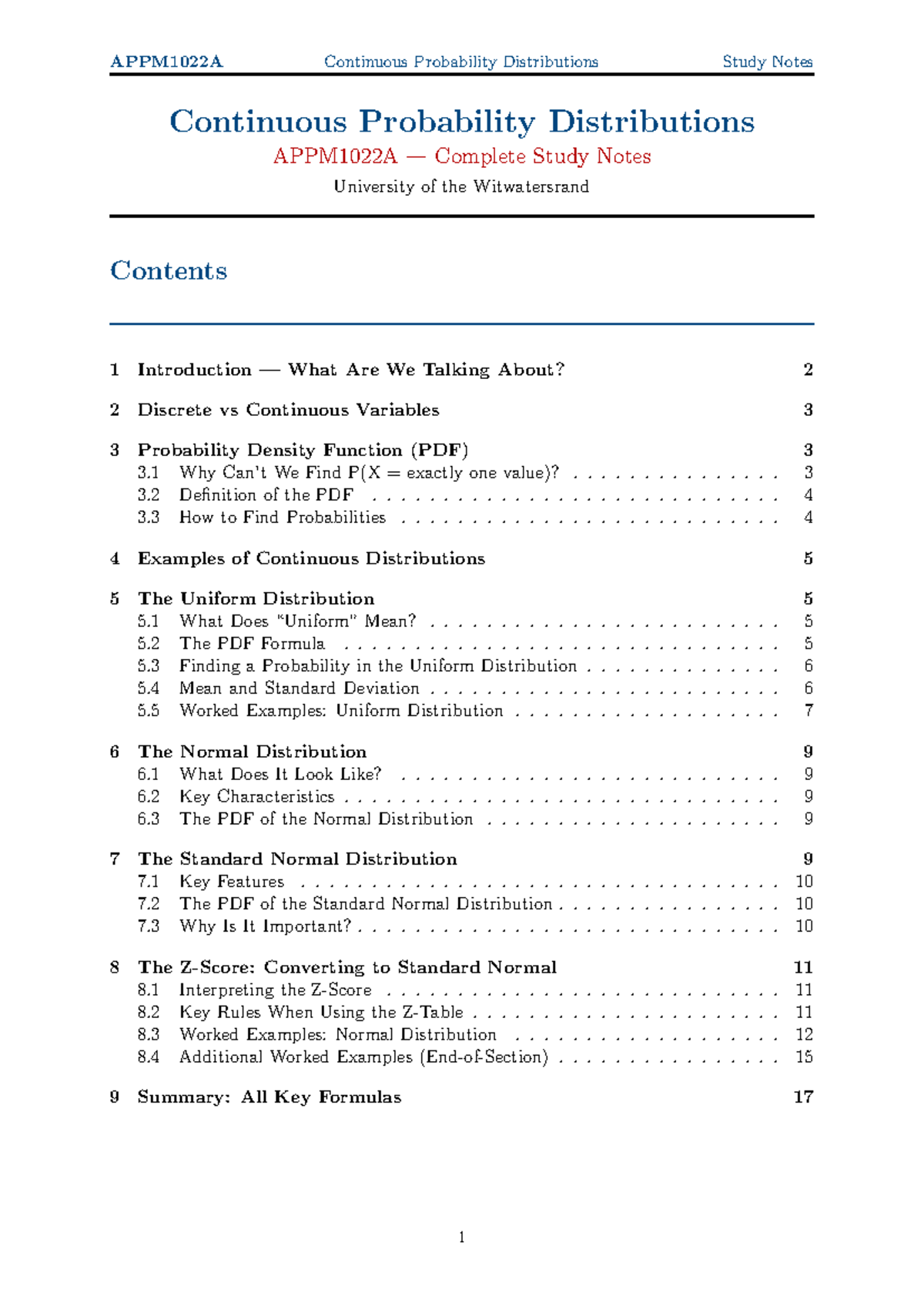 APPM1022A Continuous Probability Distributions Study Notes - Studocu