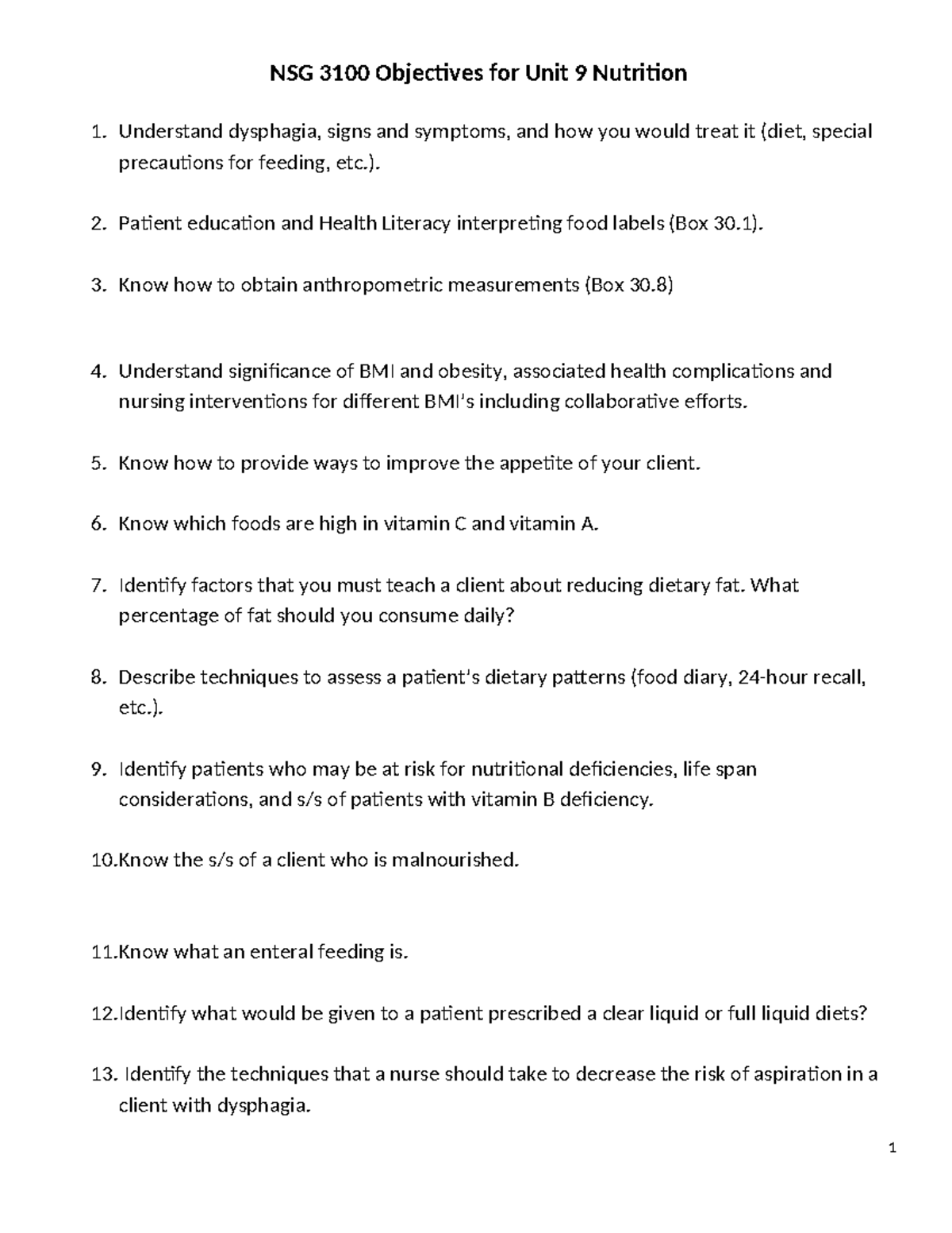 NSG 3100 Unit 9 Nutrition Objectives & Key Concepts - Summer 2024 - Studocu