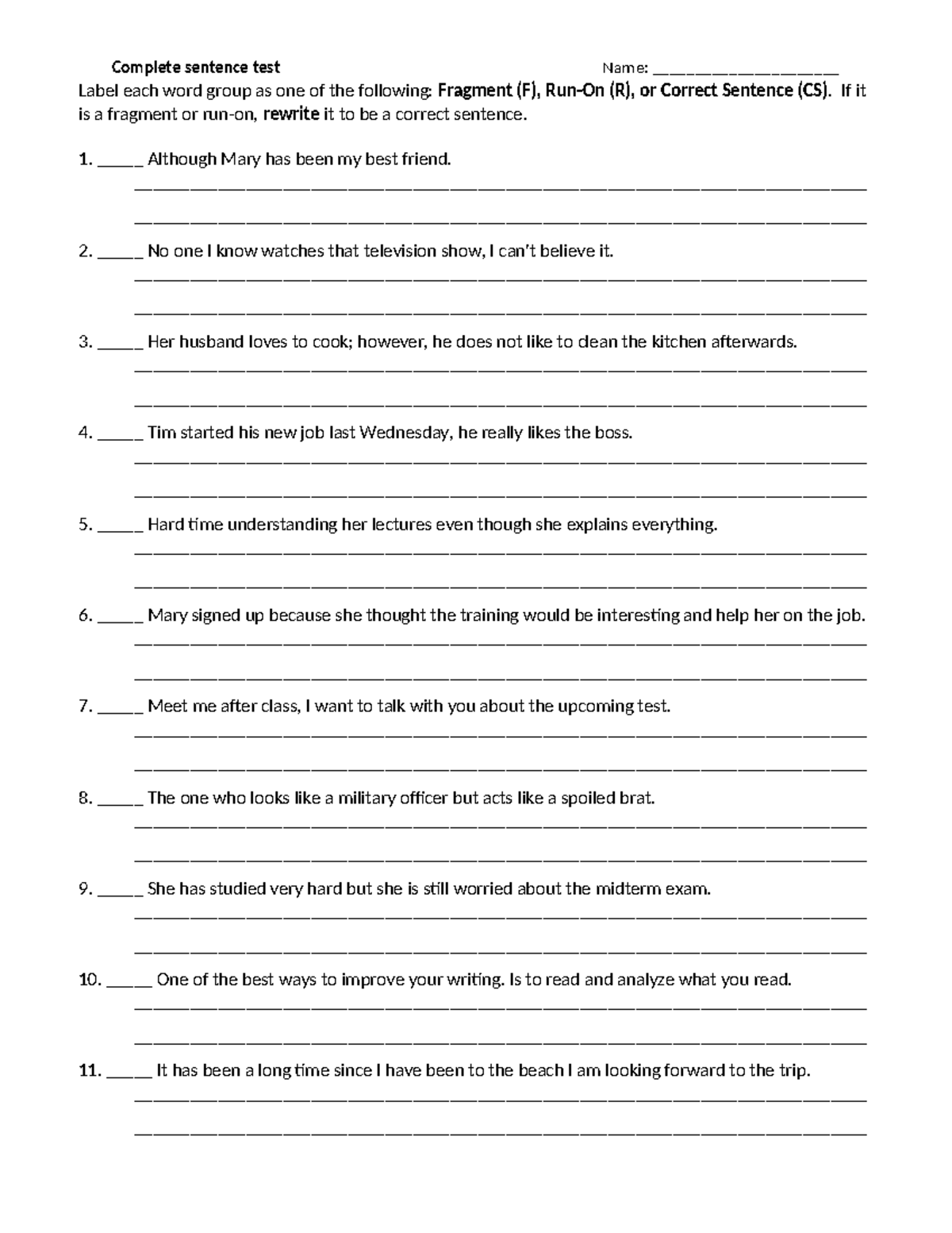 Complete Sentence Test: Identify Fragments & Correct Sentences - Studocu